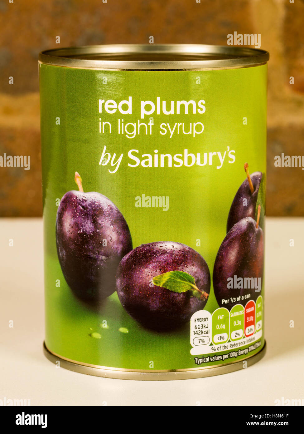 Tin or Can of Sainsbury's Red Plums in Light Syrup Stock Photo - Alamy