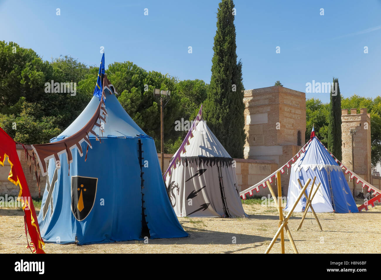 outdoor scene with some tents in the recreation of a medieval military ...