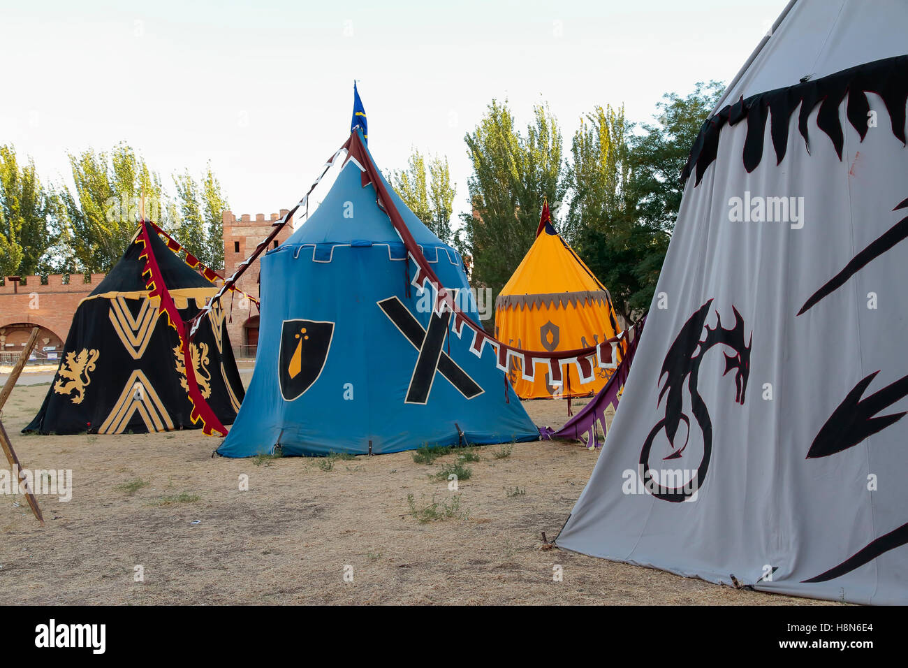outdoor scene with some tents in the recreation of a medieval military ...
