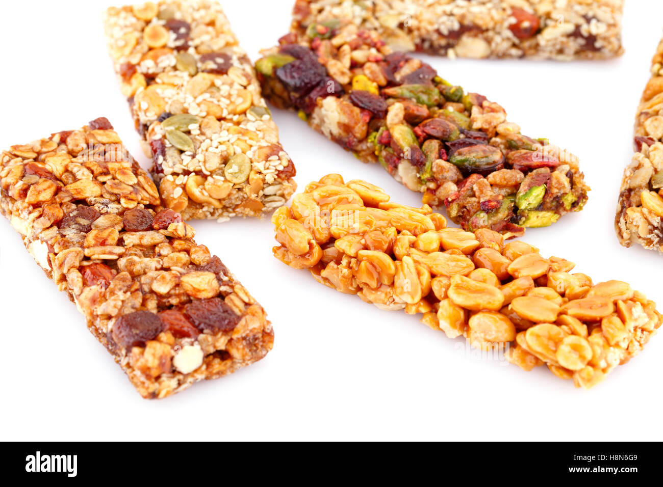 Muesli bars with different nuts isolated on white background Stock ...