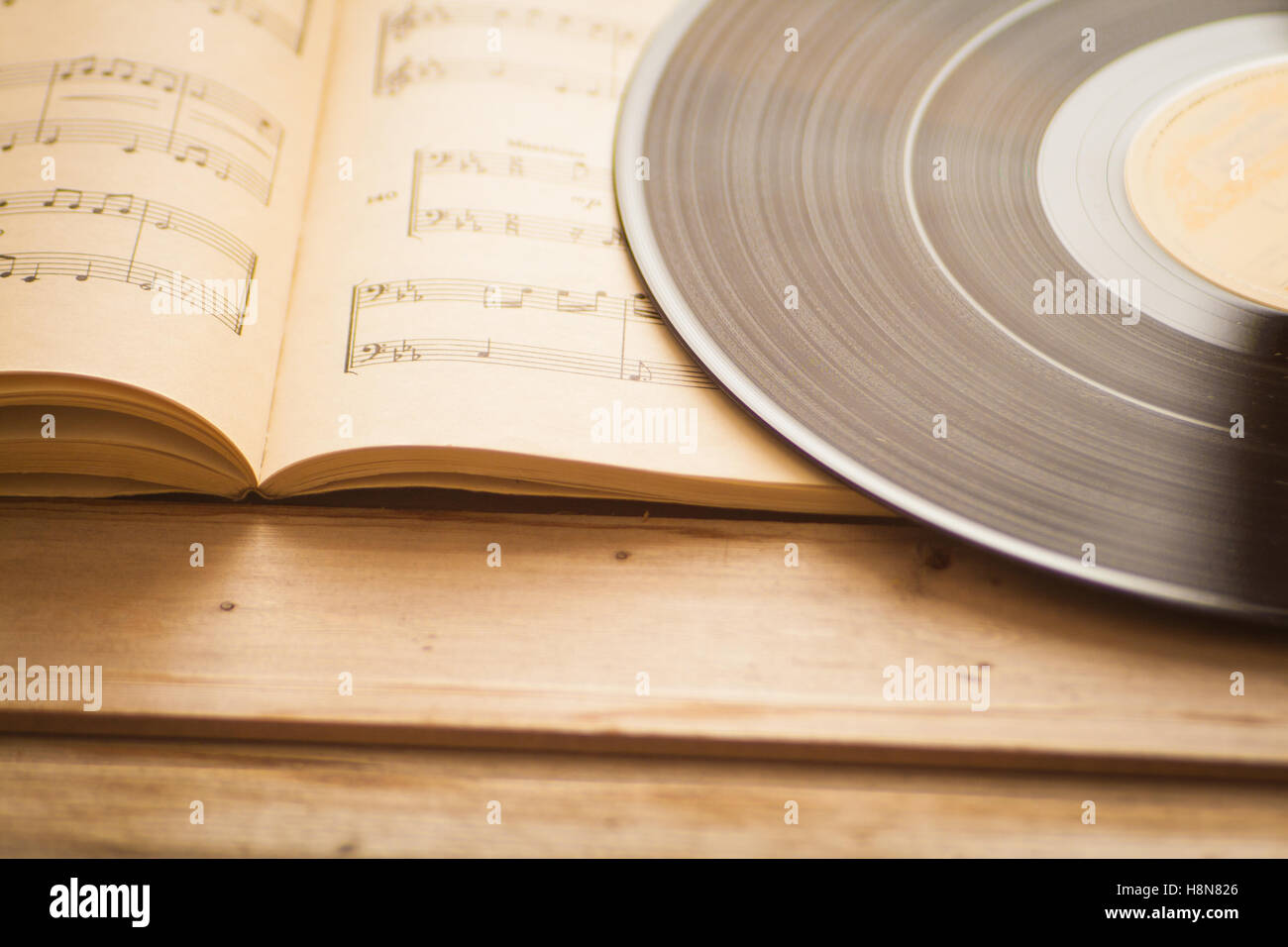 Vinyl record with music sheet scores musical background Stock Photo - Alamy