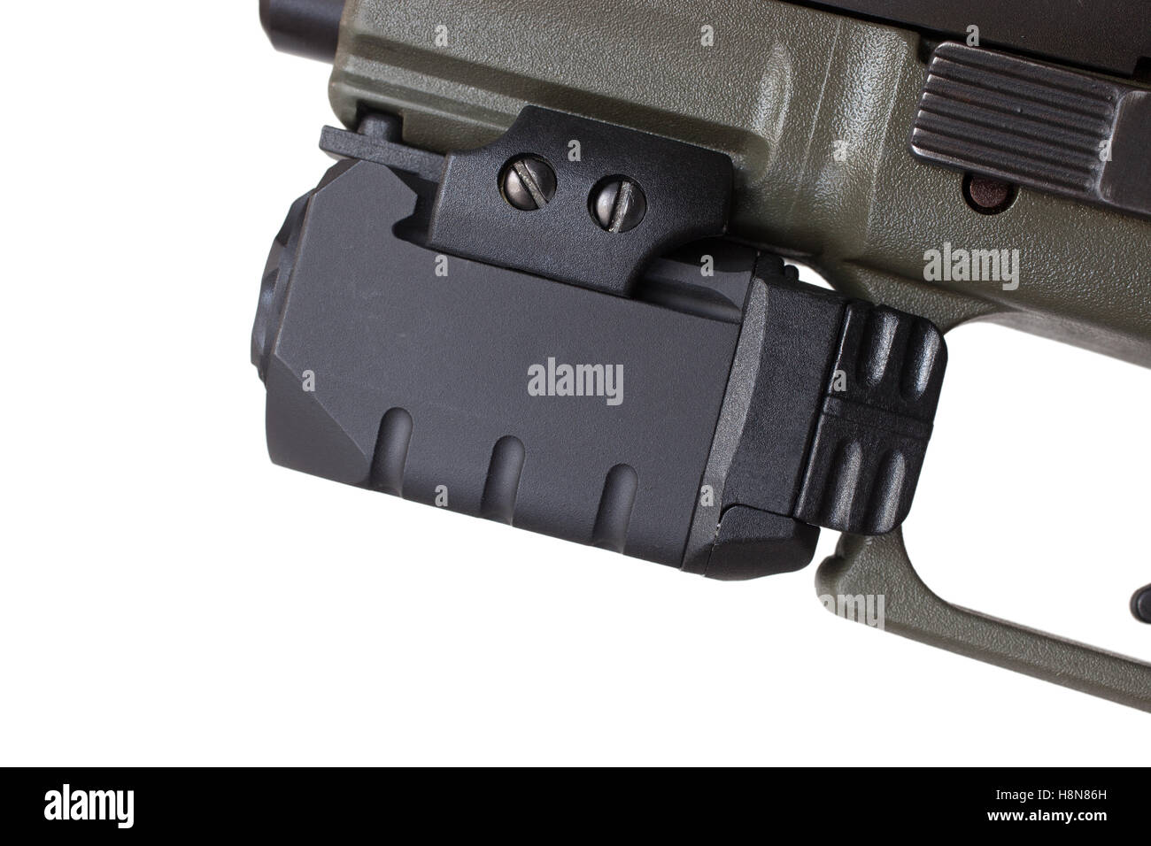 Laser and flashlight mounted on the bottom of a handgun Stock Photo - Alamy