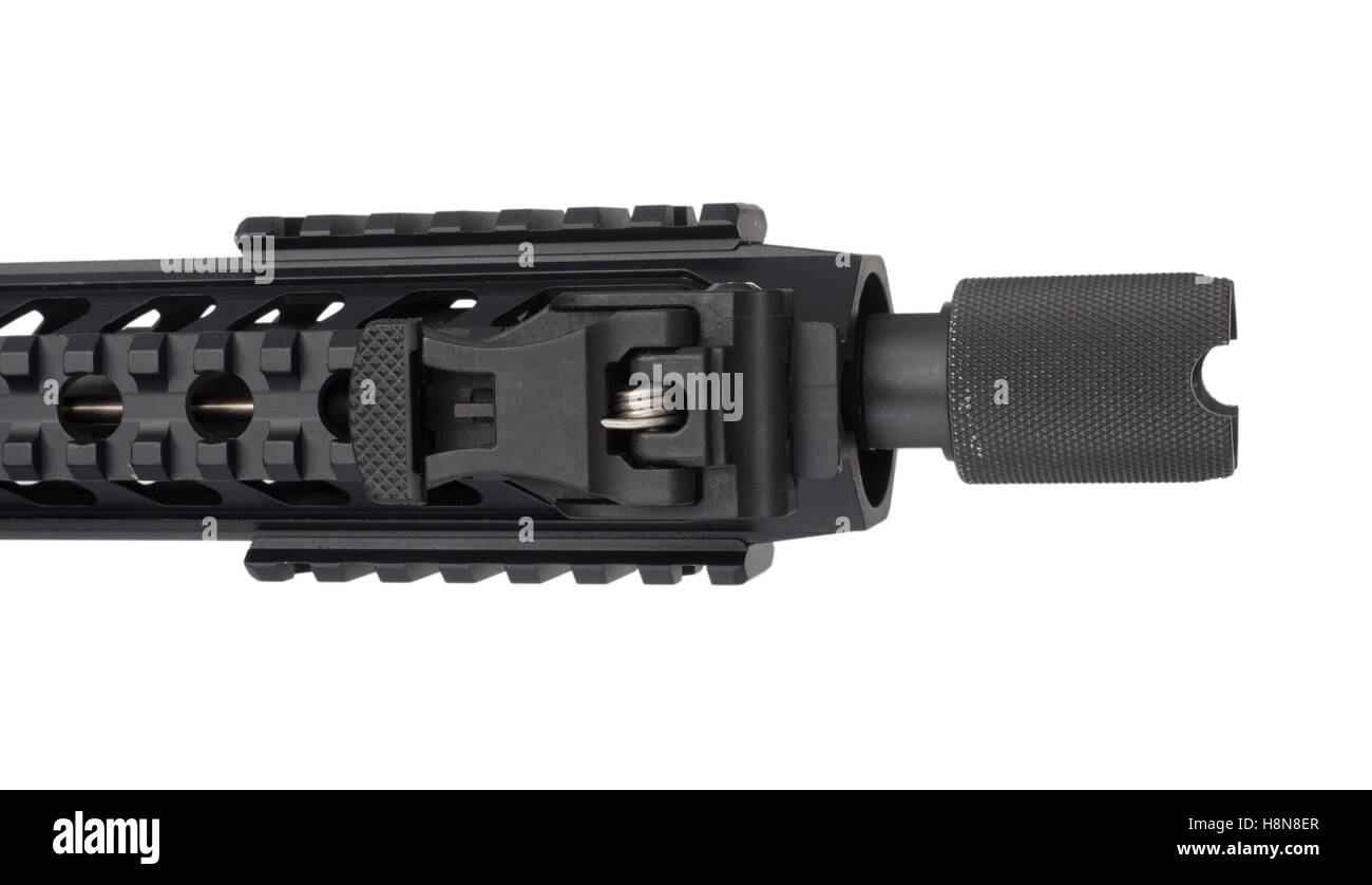 Muzzle end and rails on a modern sporting rifle isolated on white Stock ...