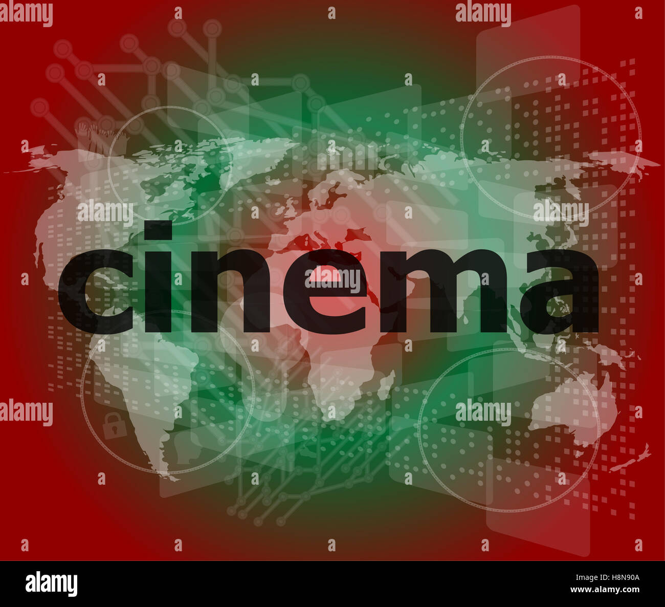 cinema word on digital screen with world map Stock Photo - Alamy
