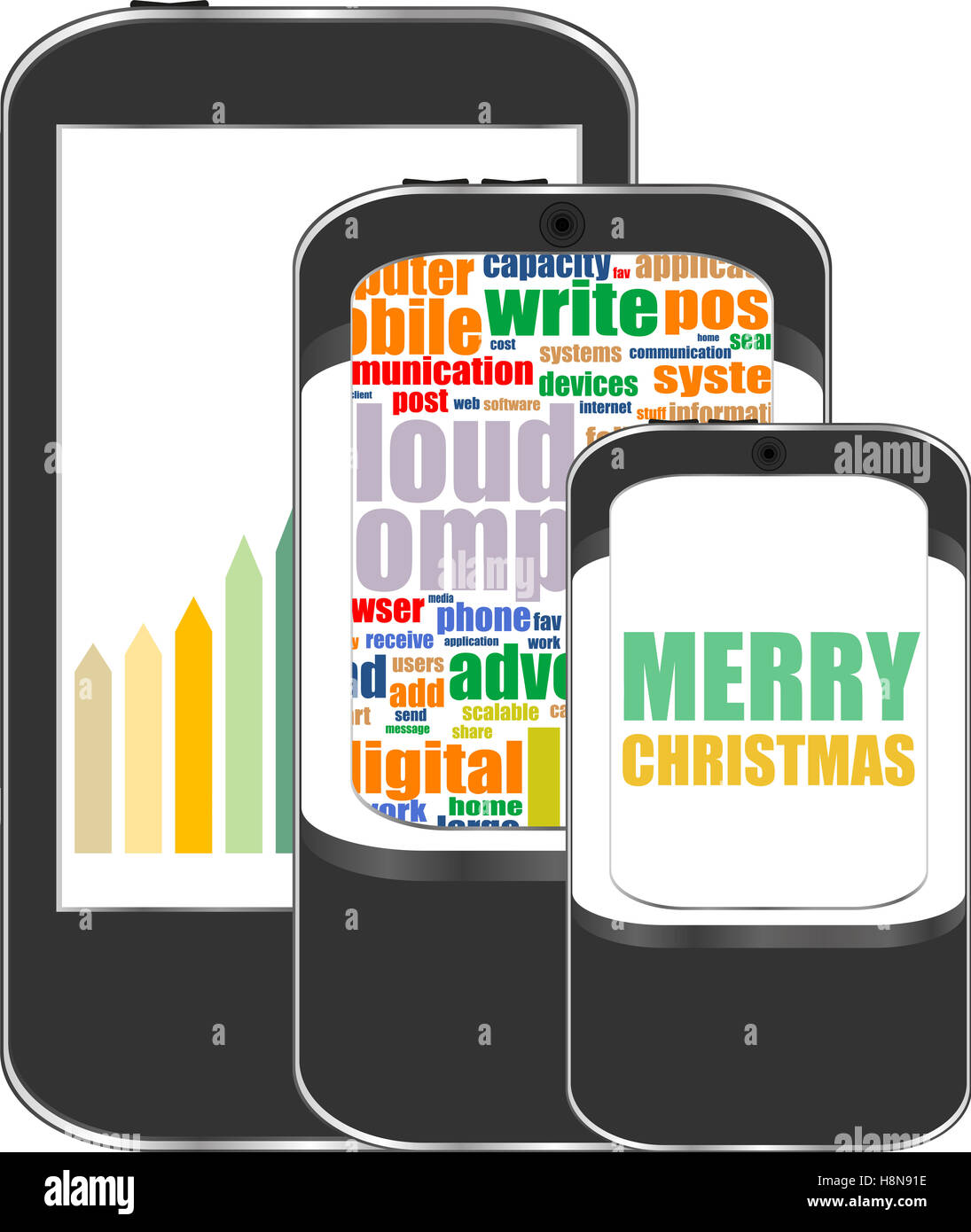 Smart phone with Merry Christmas greetings on the screen, holiday card ...