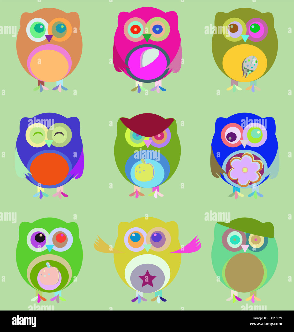 Set of nine cartoon owls with various emotions Stock Photo - Alamy