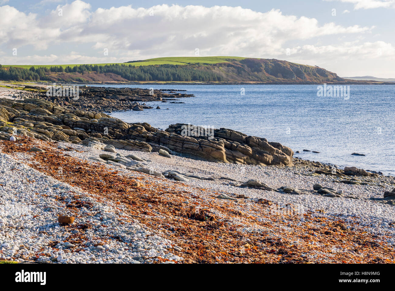 Pebbled beach at Ardlamont Bay with Ardlamont Point in the background ...