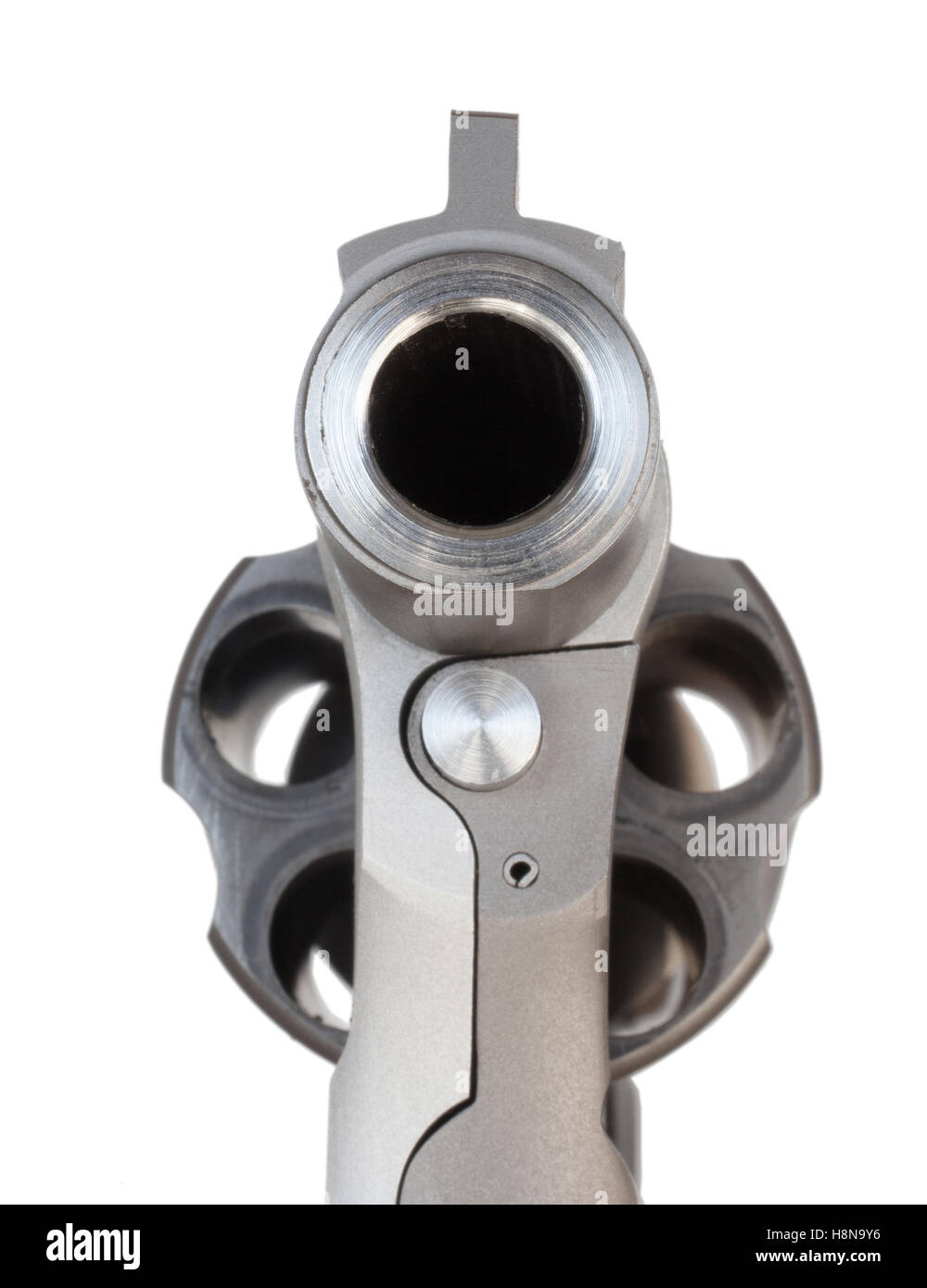 Muzzle side of a revolver that is empty isolated on white Stock Photo ...