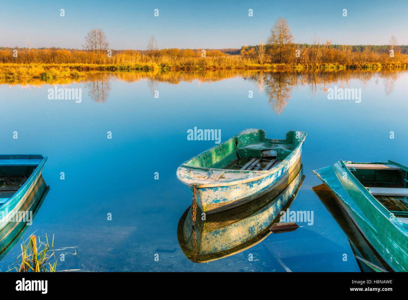 The Moored Old Shabby Wooden Blue Fishing Rowboats Skippets, Left ...