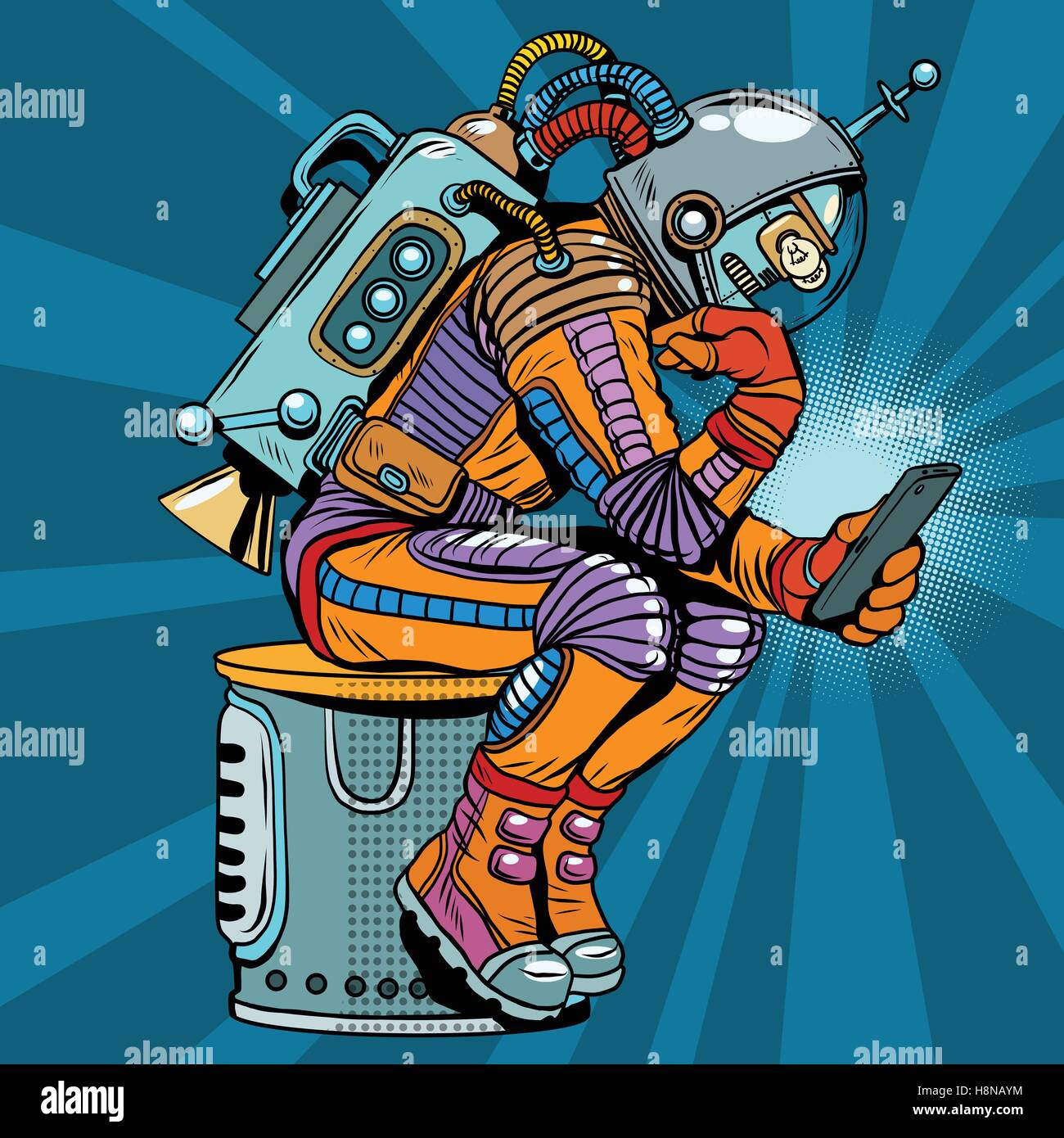 Retro robot astronaut in the thinker pose reads smartphone Stock Vector ...