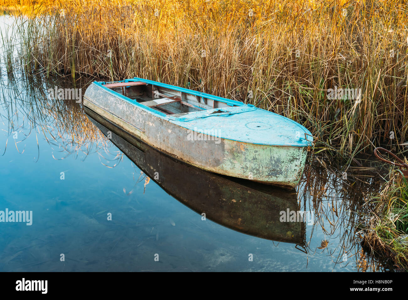 The Moored Old Shabby Wooden Blue Fishing Rowboats Skippets, Left ...