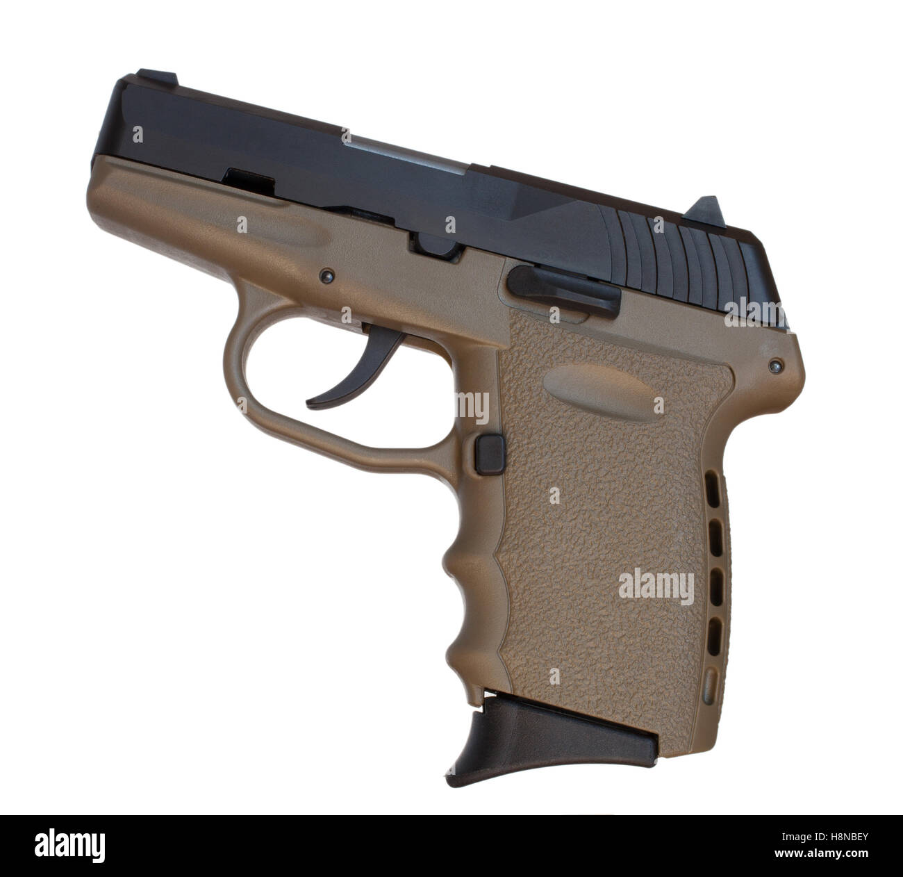 Pistol with a brown frame that is isolated on white Stock Photo - Alamy