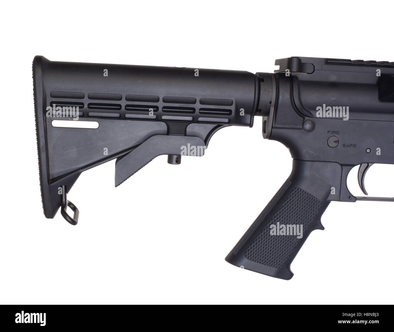 Adjustable polymer rifle stock on an AR-15 isolated on white Stock ...