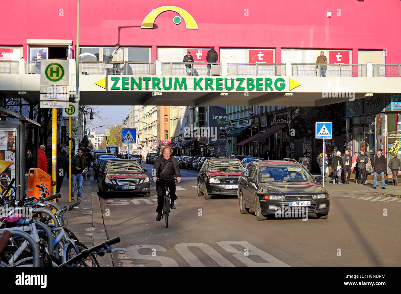 Zentrum Kreuzberg Berlin street scene and sign over traffic on ...