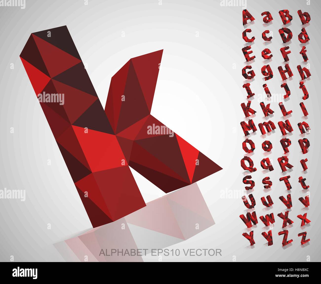 Set of Red 3D polygonal Letters with reflection. Low poly alphabet ...
