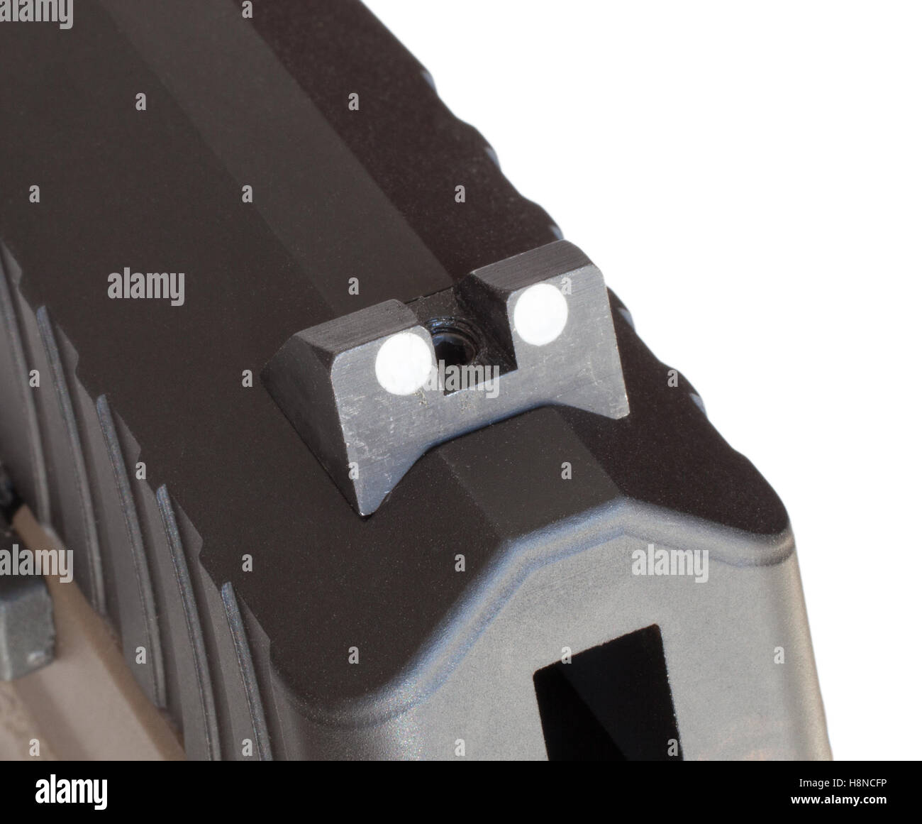 Rear sight that is on a polymer and steel handgun Stock Photo - Alamy