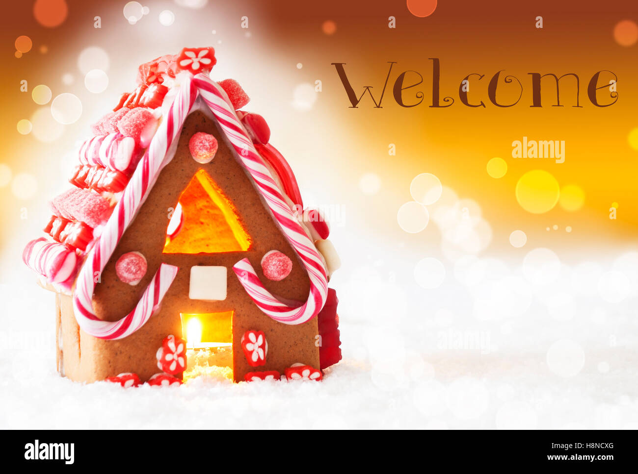 Gingerbread House, Golden Background, Text Welcome Stock Photo - Alamy