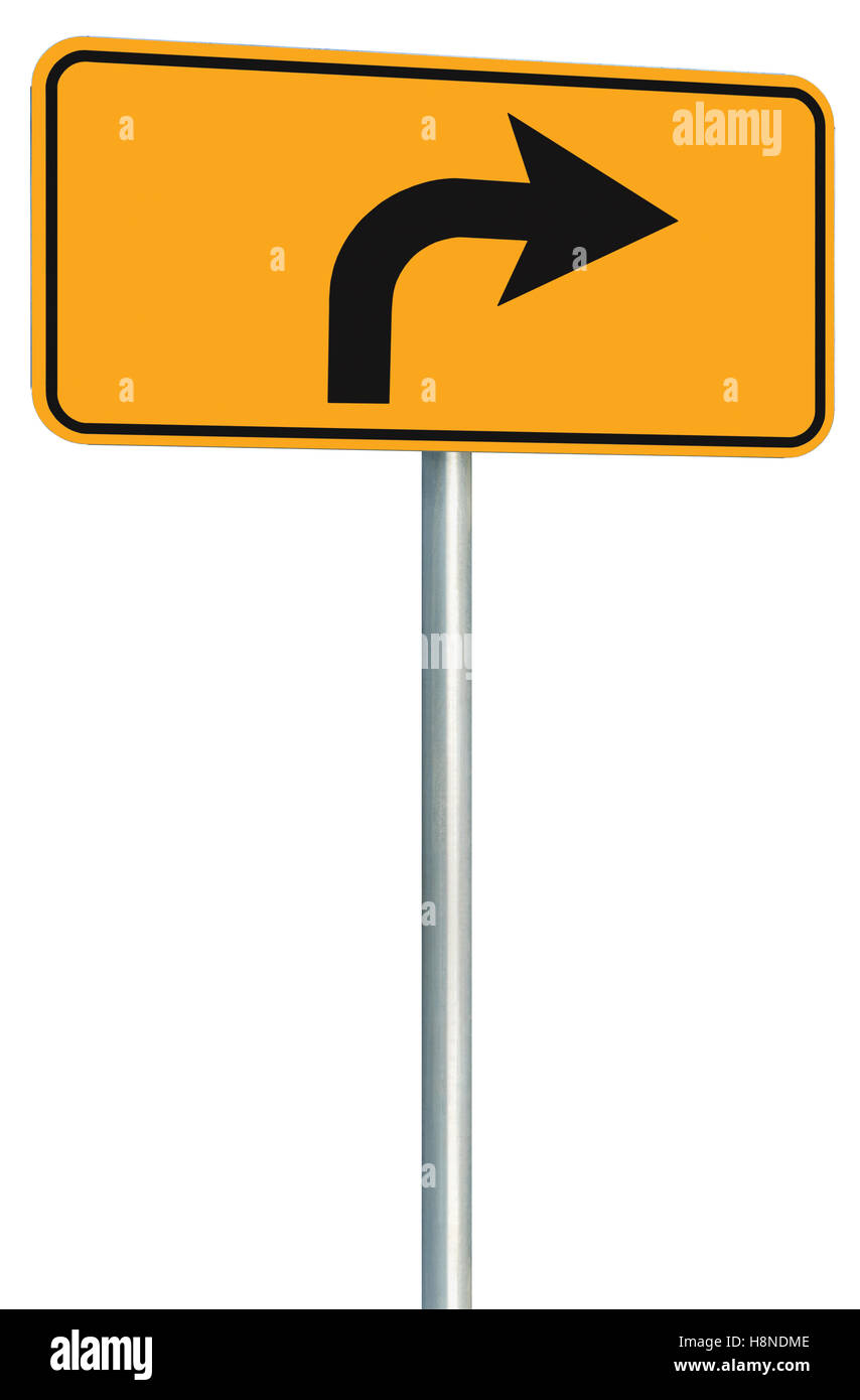 Right turn ahead route road sign perspective, yellow isolated roadside ...