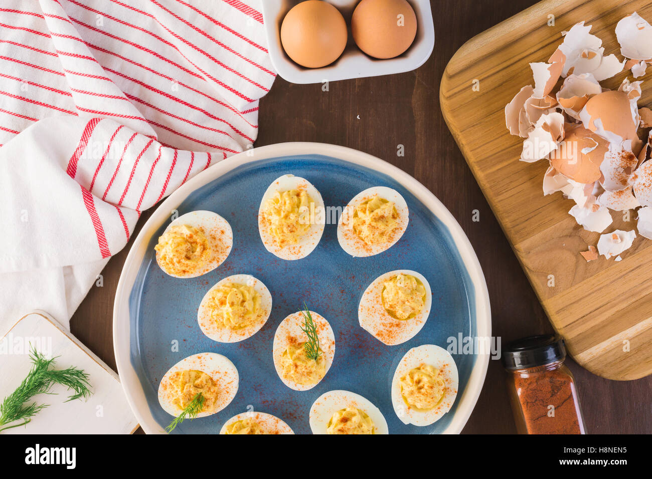 Preparing deviled eggs with organic eggs for appetizer. Step by step ...