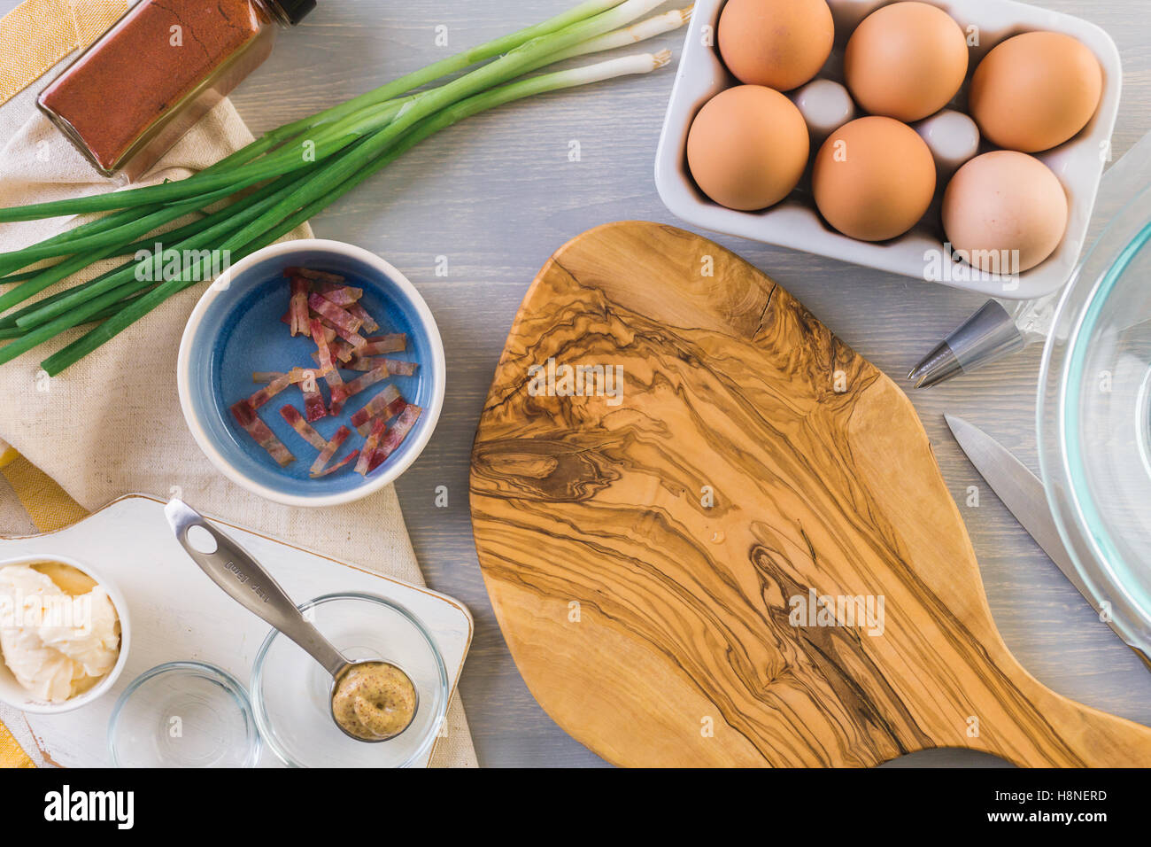 Preparing deviled eggs with organic eggs for appetizer. Step by step ...