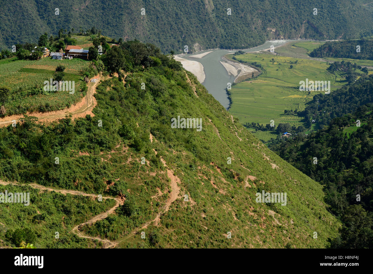 NEPAL, Dolalghat, village Koshideka, paddy fields in valley of river ...