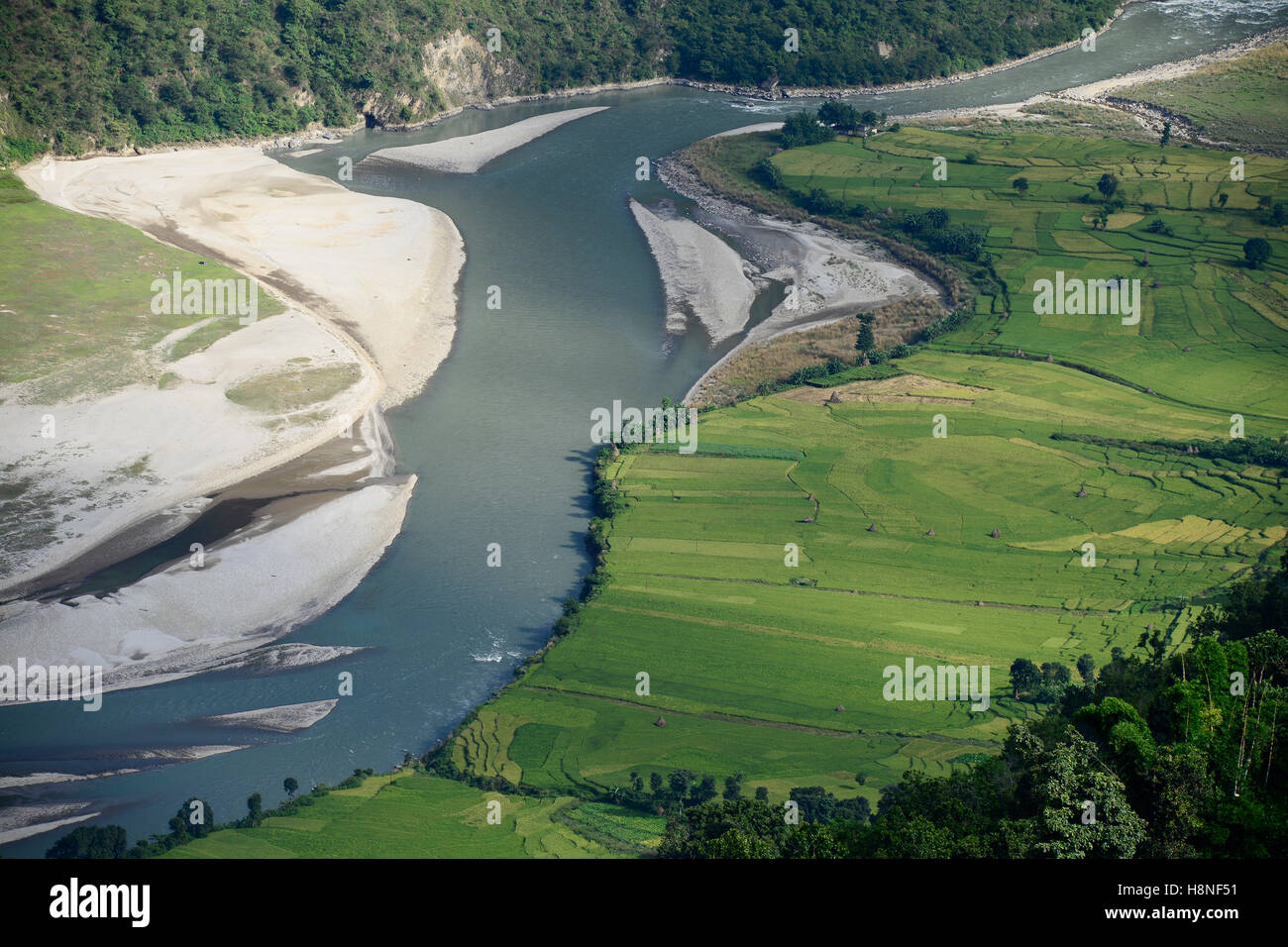 NEPAL, Dolalghat, village Koshideka, paddy fields in valley of river ...
