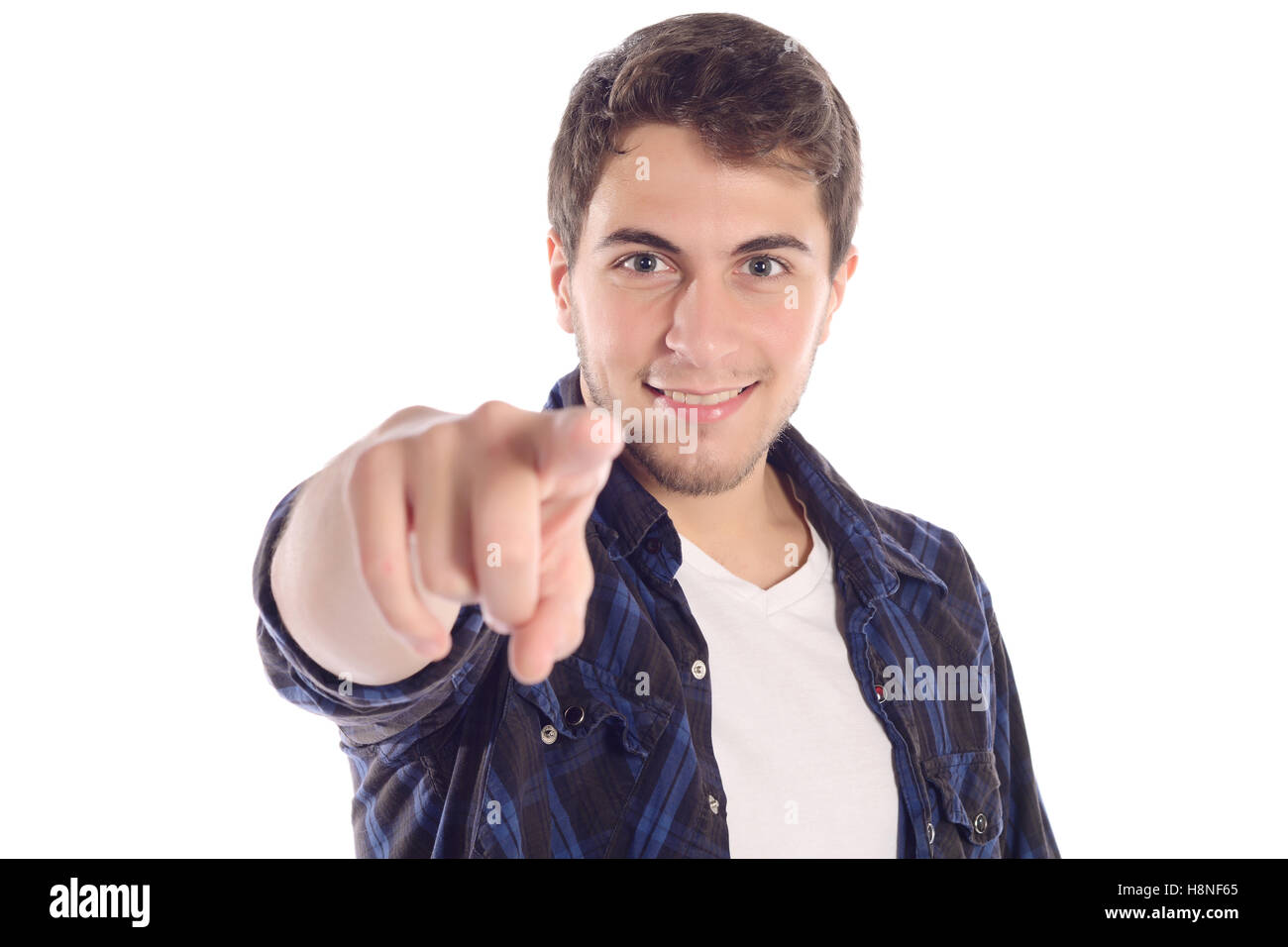 Close up of a young man pointing camera. Isolated white background ...