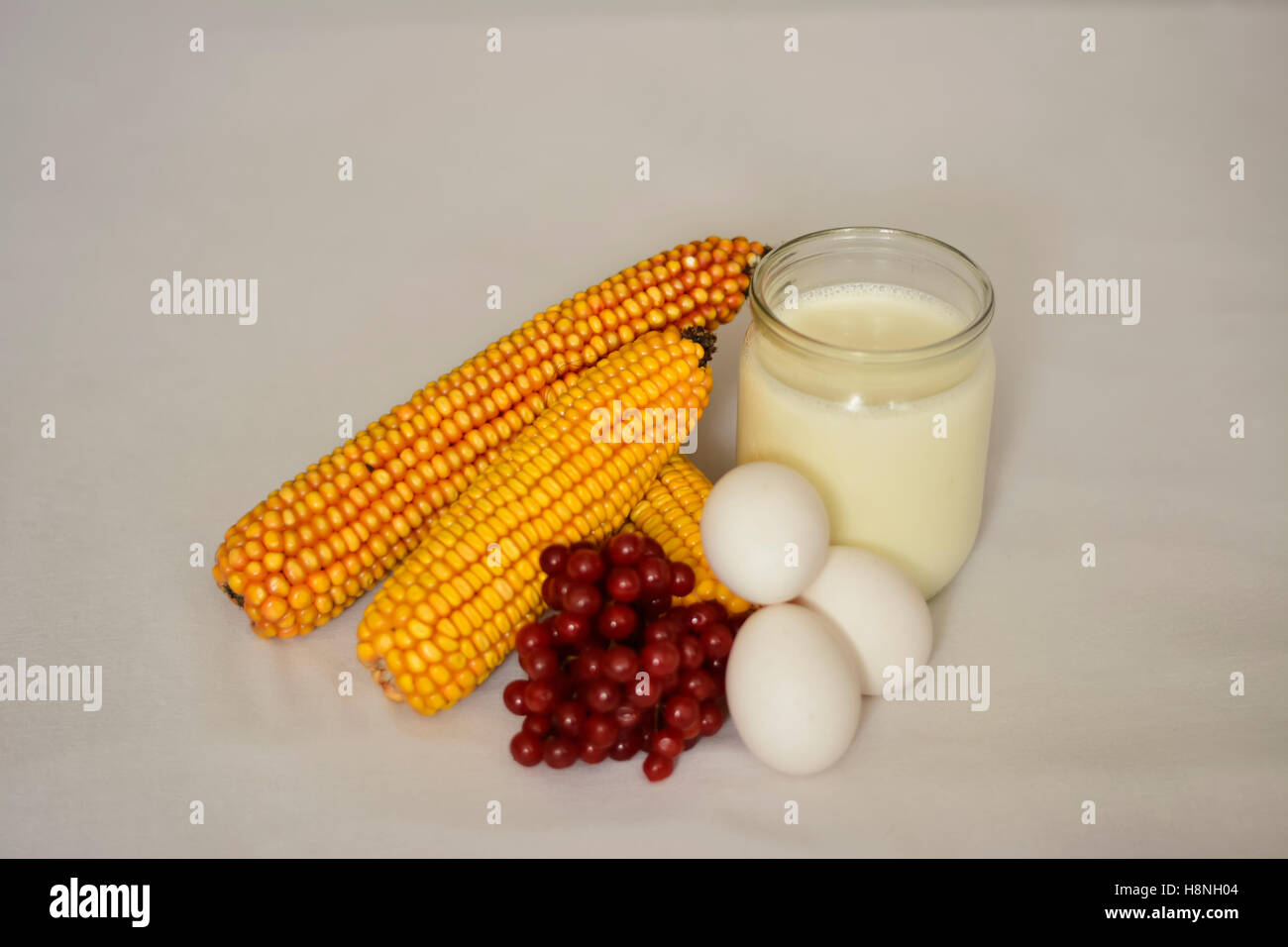 still life of corn, milk, eggs, viburnum Stock Photo - Alamy