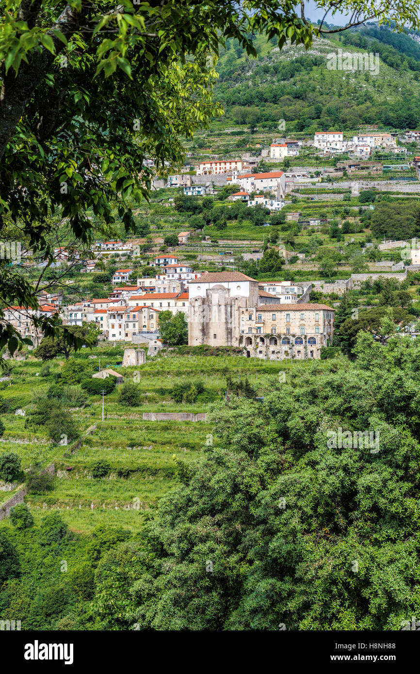 The hilltop town of Scala viewed from Ravello on the Amalfi coast ...