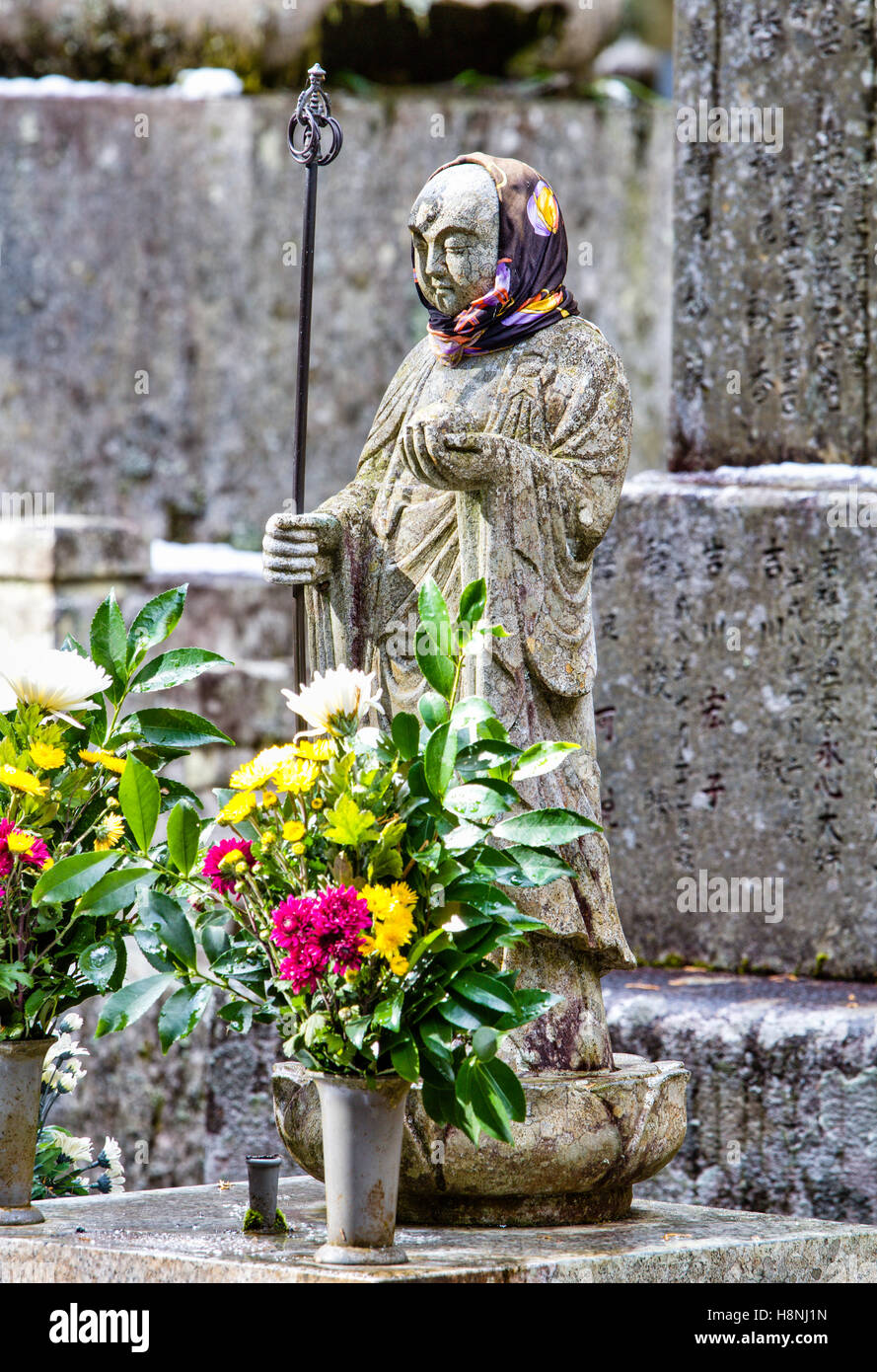 Japan, Koyasan, Okunoin cemetery. Stone small Jizo-bosatsu Buddhist ...