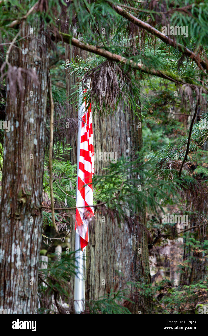 Koyasan, Japan, Okunoin cemetary, Japanese flag hanging and folded on ...