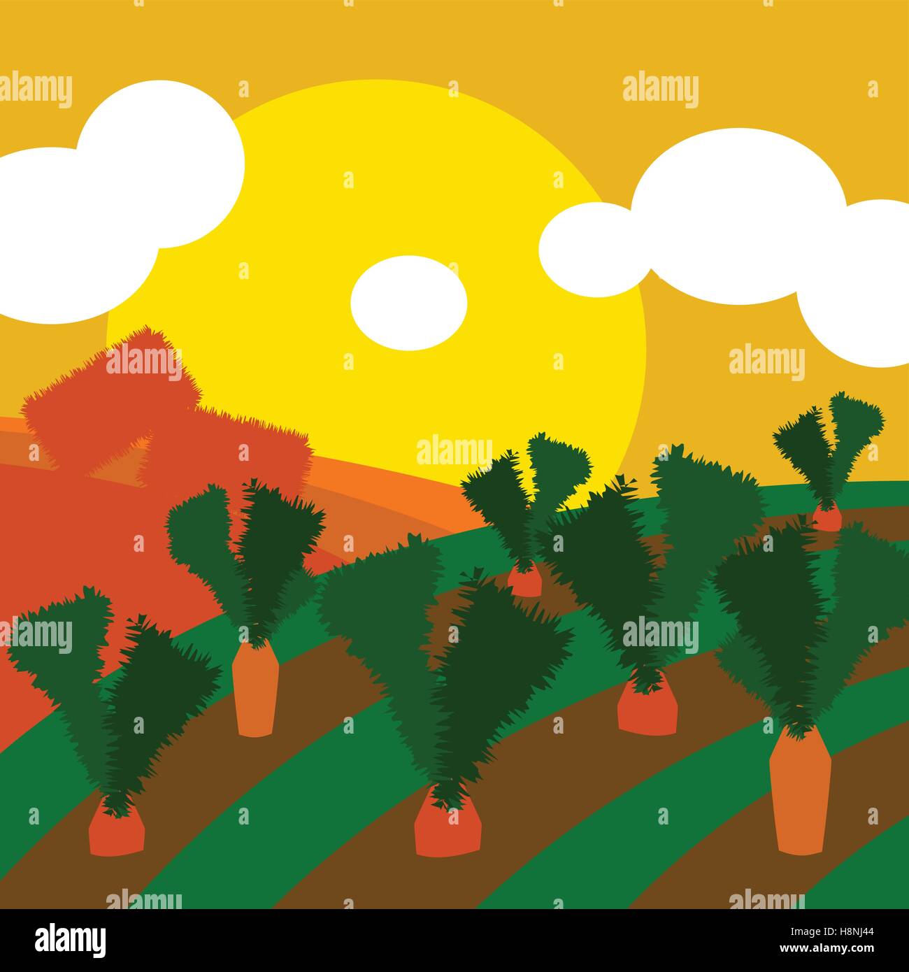 Countryside illustration background with cultivated land fields and ...