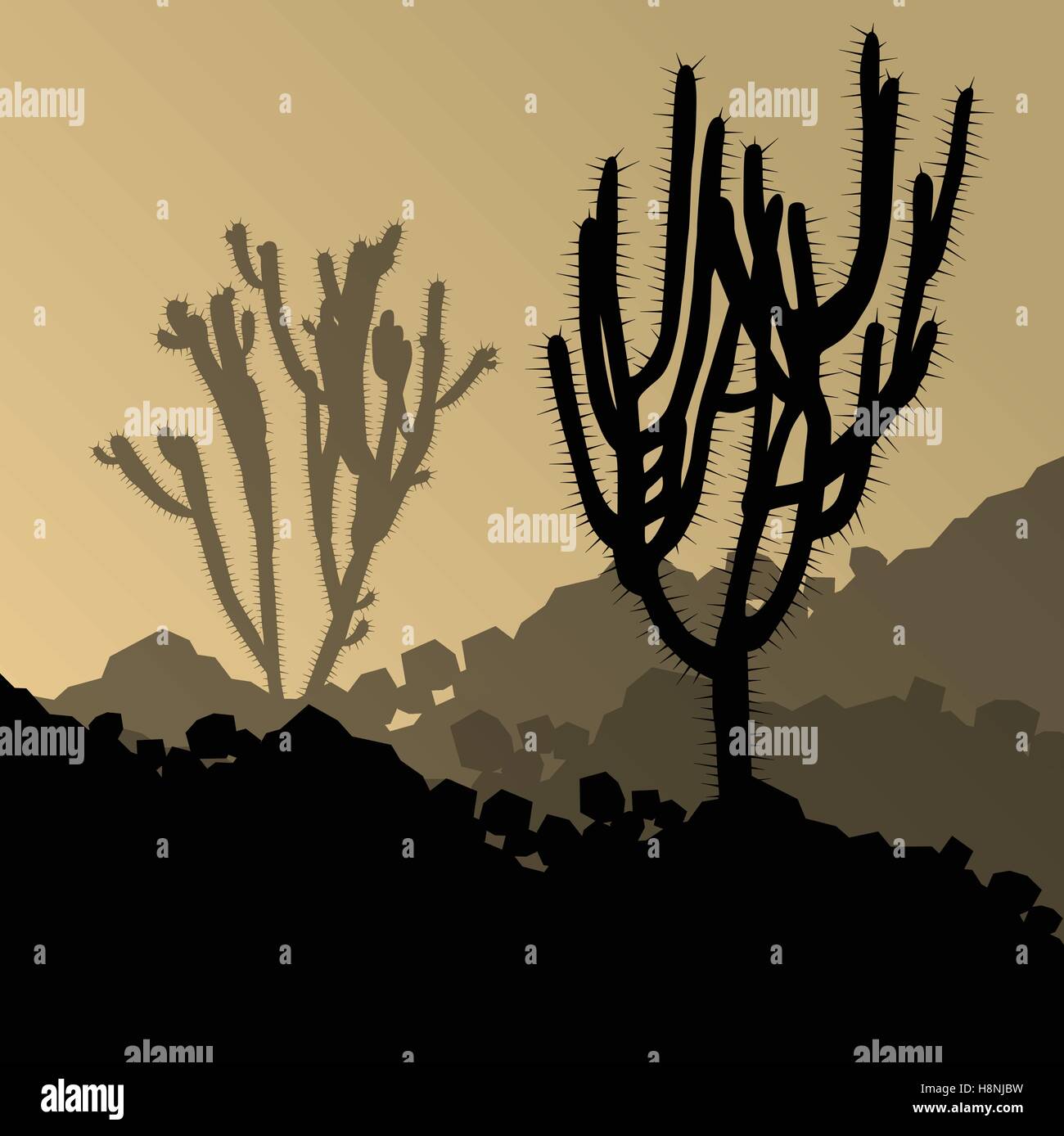 Cactus detailed silhouettes nature desert landscape illustration vector ...