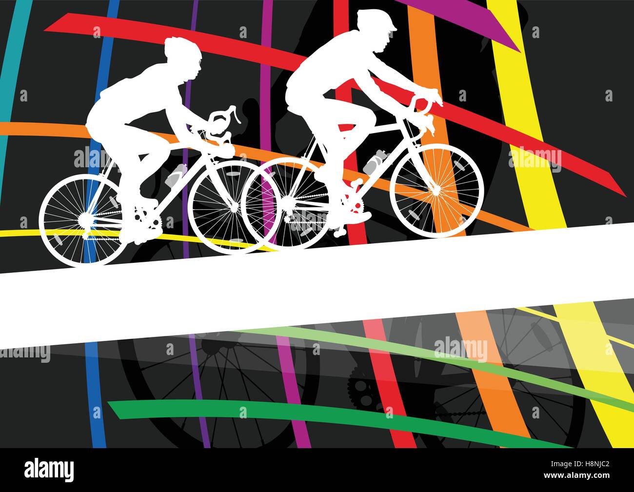 Cyclist active man and woman bicycle riders in abstract sport landscape ...