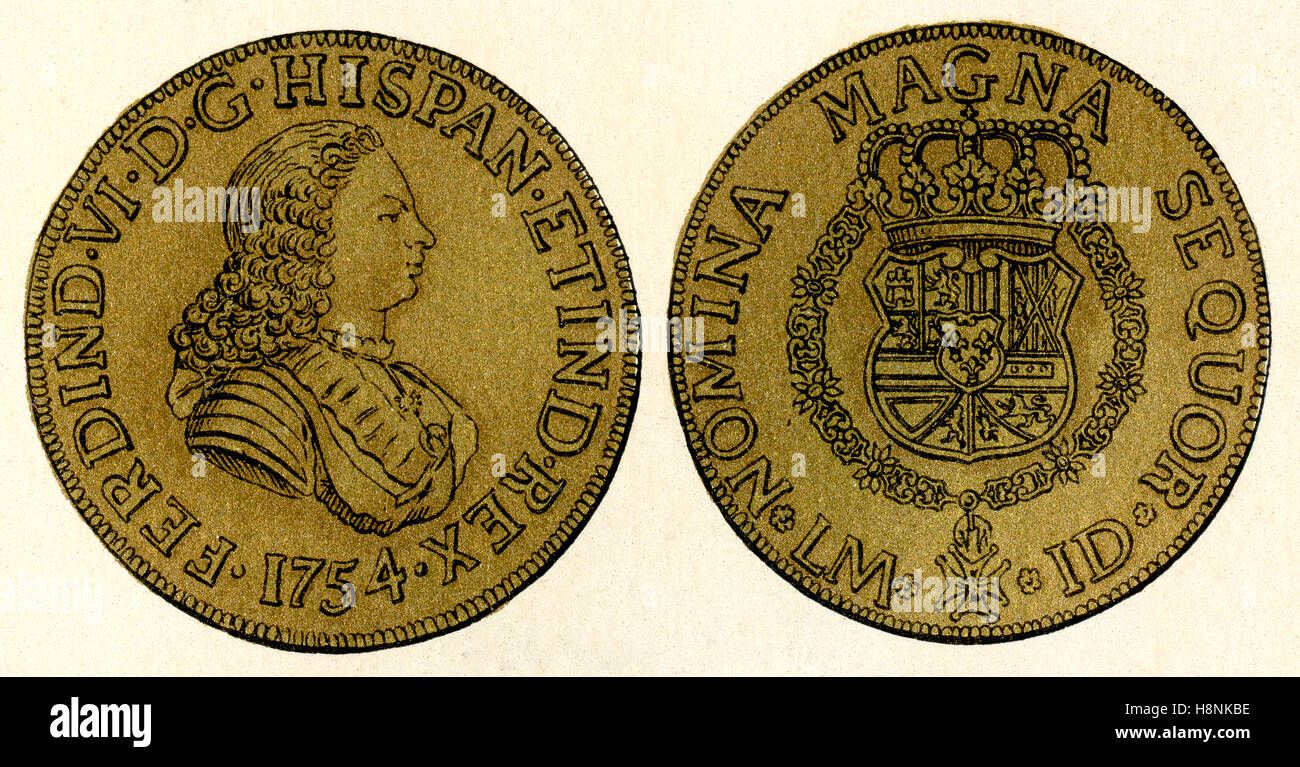 A 1754 Spanish gold 8-doubloon coin, or piece of eight, showing the ...