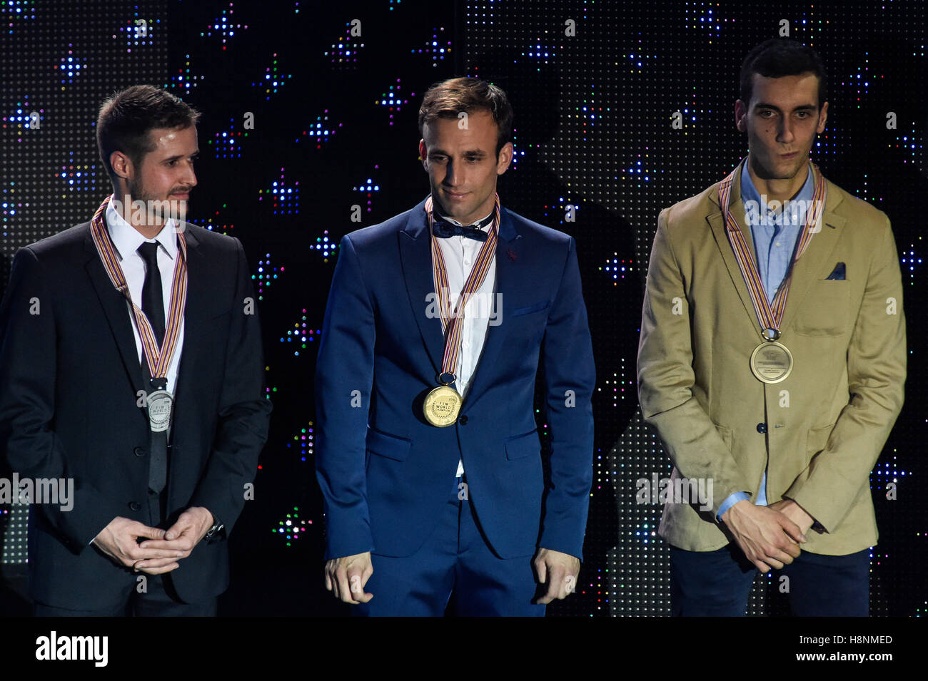 Valencia, Spain. 14th Nov, 2016. (L-R) Thom Luthi, Brad Binder and Alex ...