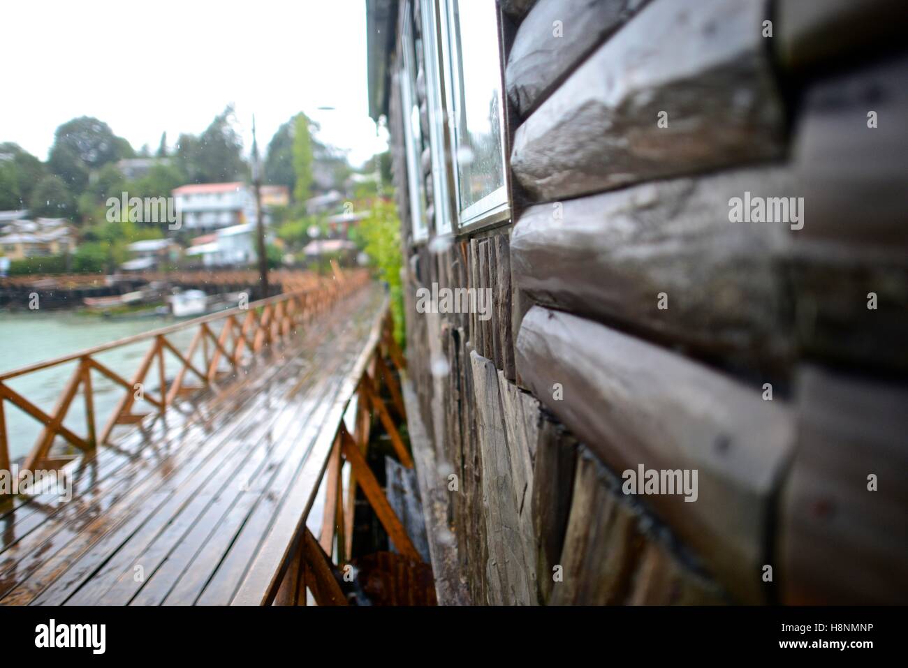 Traditional wood boardwalks in Caleta Tortel coastal village. Aysén ...