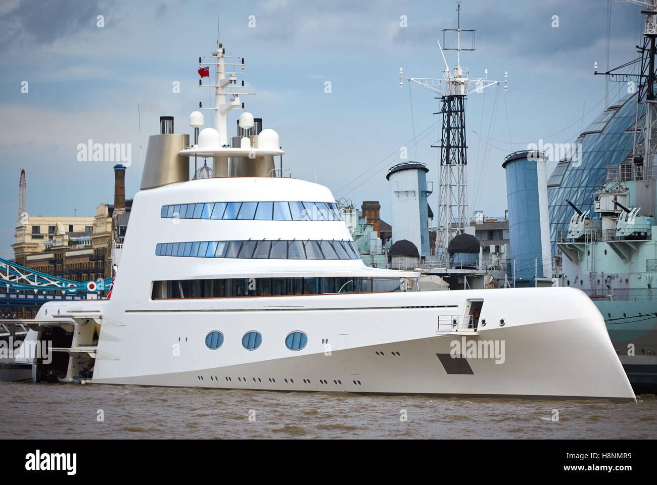 Motor Yacht A owned by Andrey Melnichenko on the River Thames Stock ...