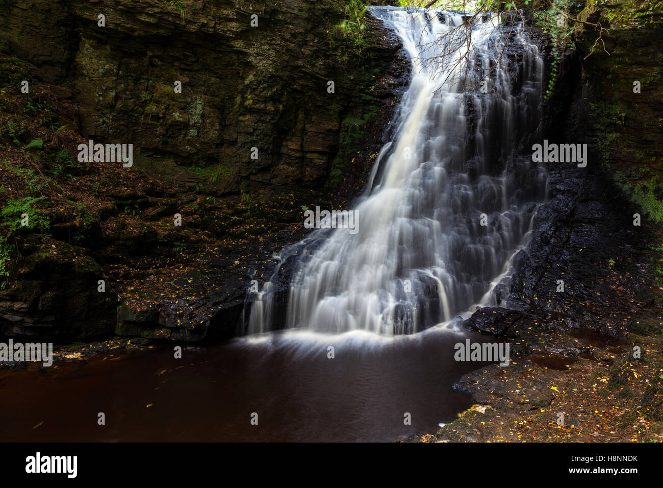 Waterfall at Hareshaw Linn near Bellingham in Northumberland, England ...