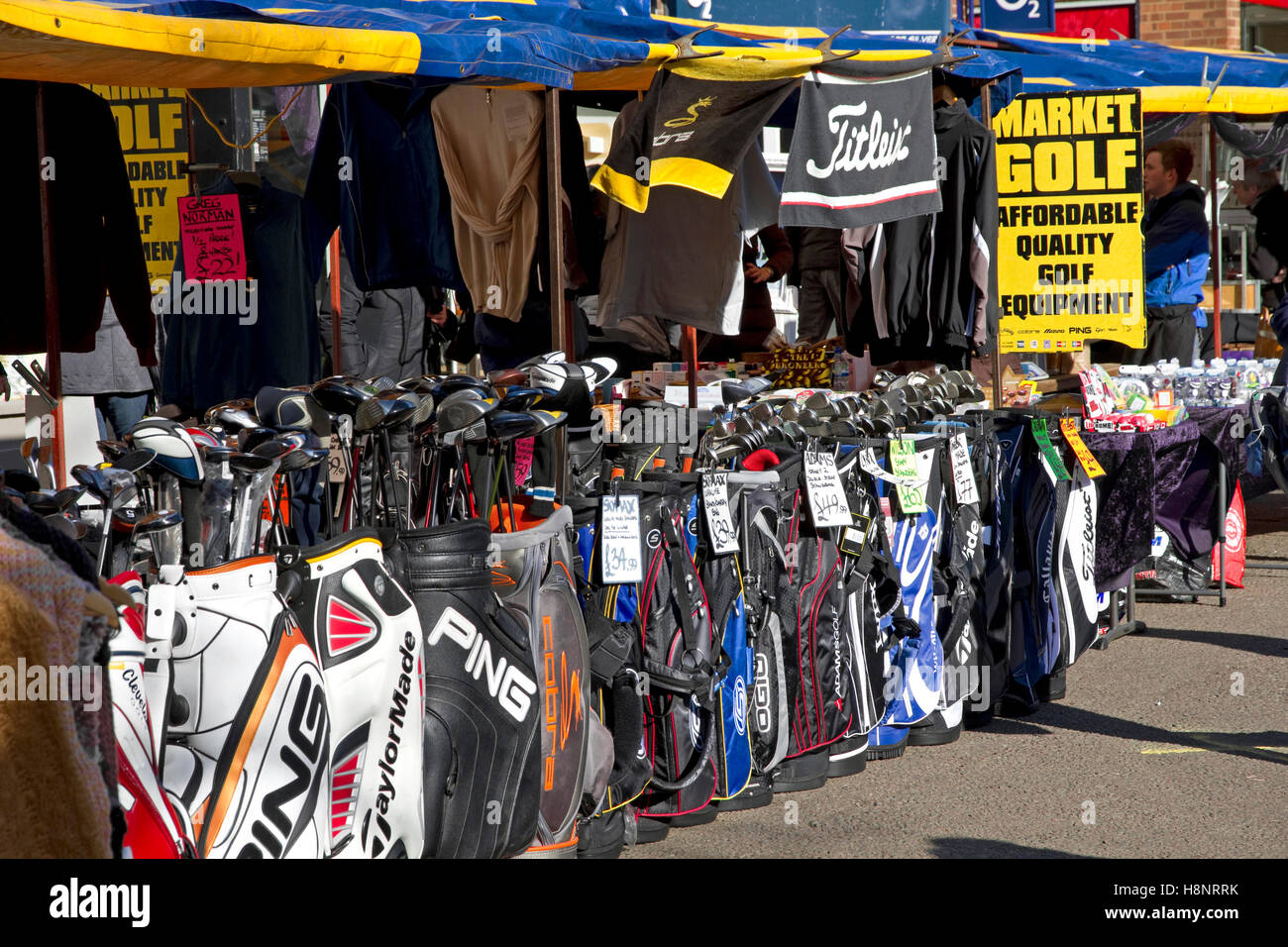 Golf equipment stall at St Albans Market, St Peters Street, St Albans ...