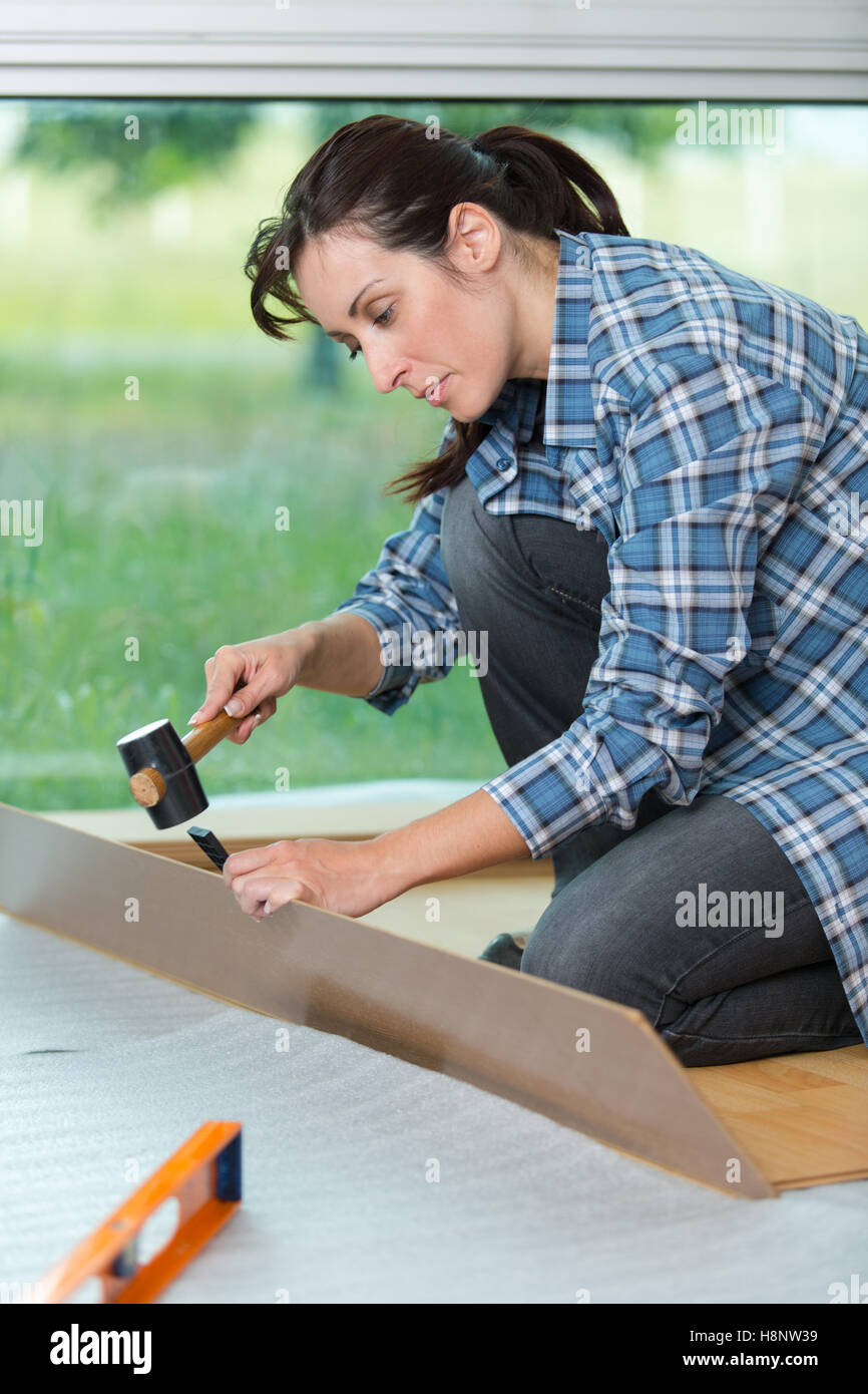 pretty woman using a hammer for diy at home Stock Photo - Alamy