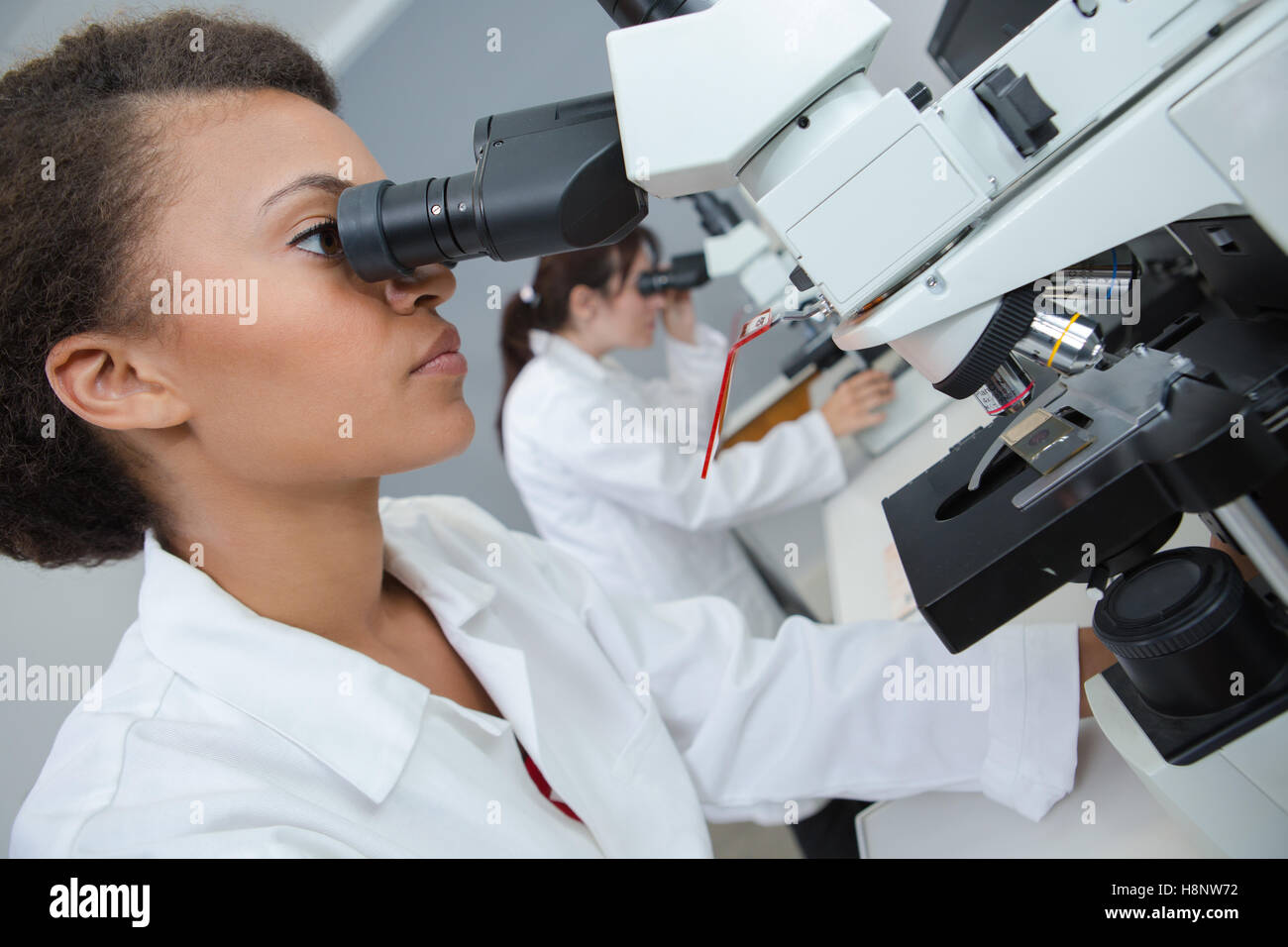 beautiful scientist looking through a microscope Stock Photo - Alamy