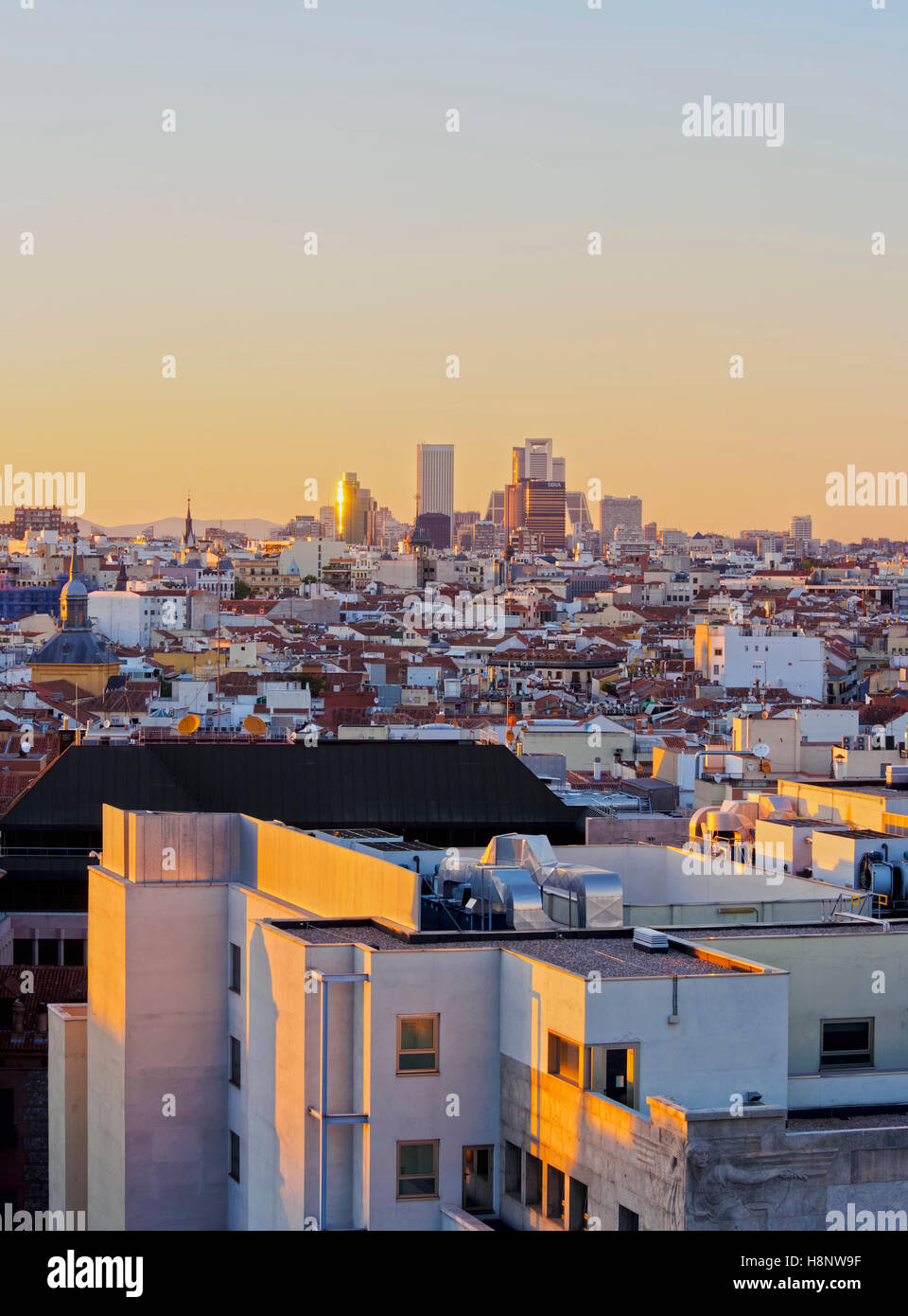 Spain, Madrid, City skyline at sunset Stock Photo - Alamy