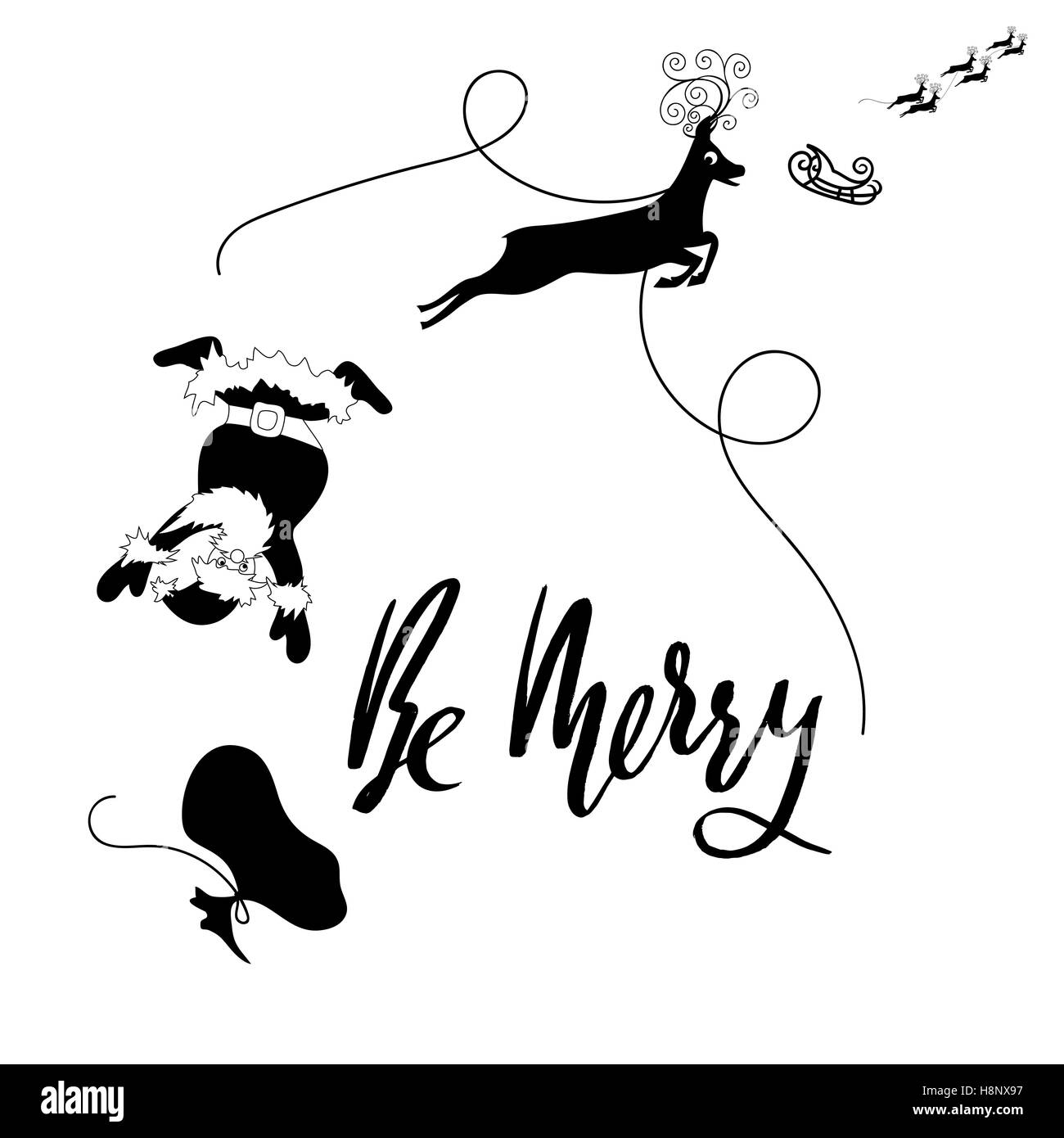 Santa Claus fall from sleigh with harness on the reindeer. Black and ...