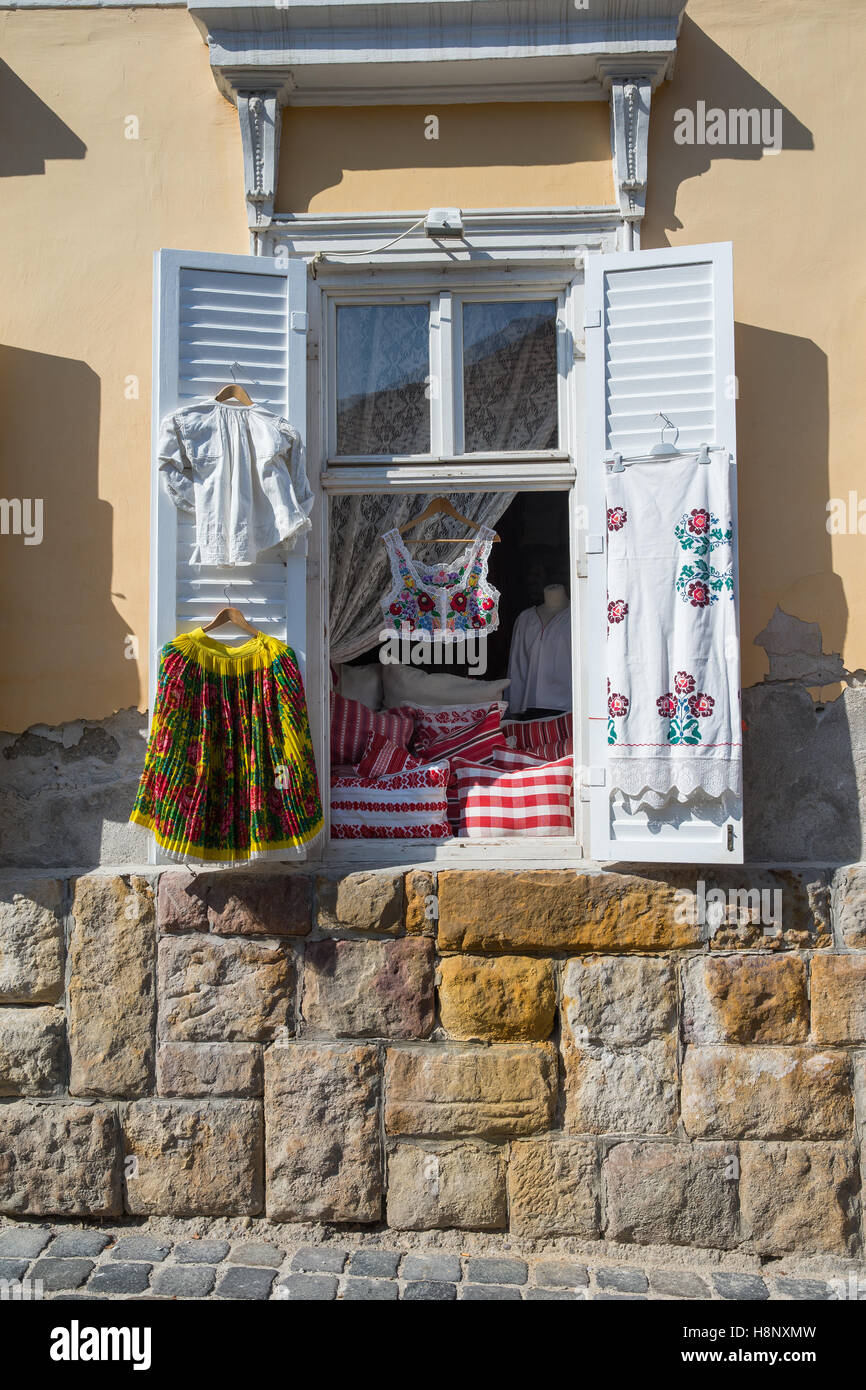 The window with clothes in vintage style. Skirt blouse pillow Stock ...