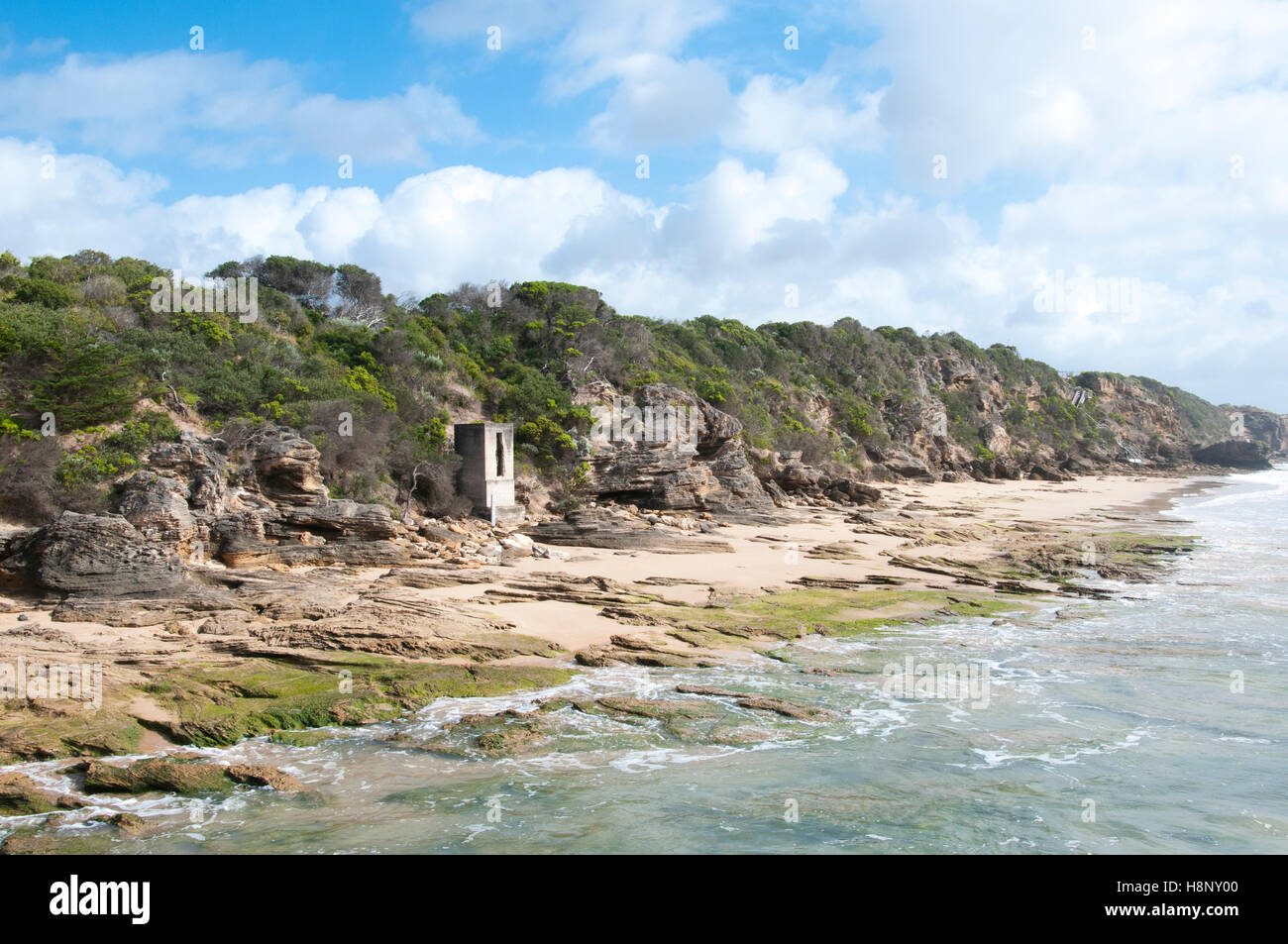 Port Phillip Bay coastline at Point Lonsdale, Victoria. A wartime ...