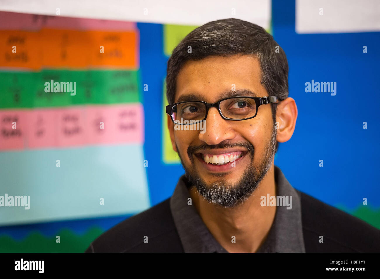 Google CEO Sundar Pichai during a visit to Argyle Primary School, in ...