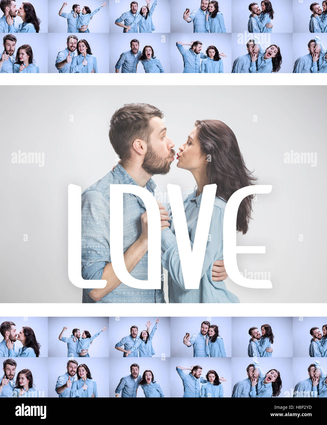 The man and woman communicating on a gray background Stock Photo - Alamy