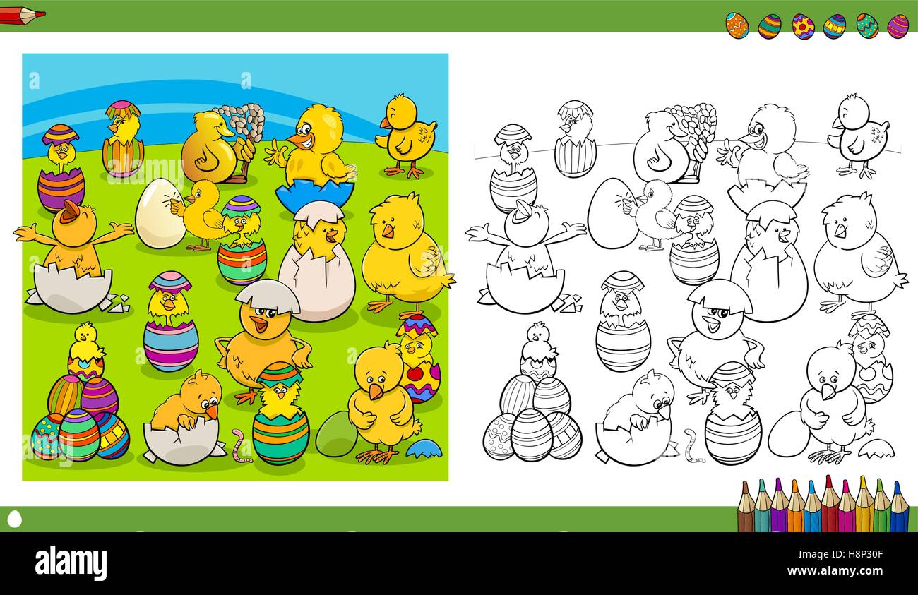 Black and White Cartoon Illustrations of Easter Chicken Characters with ...