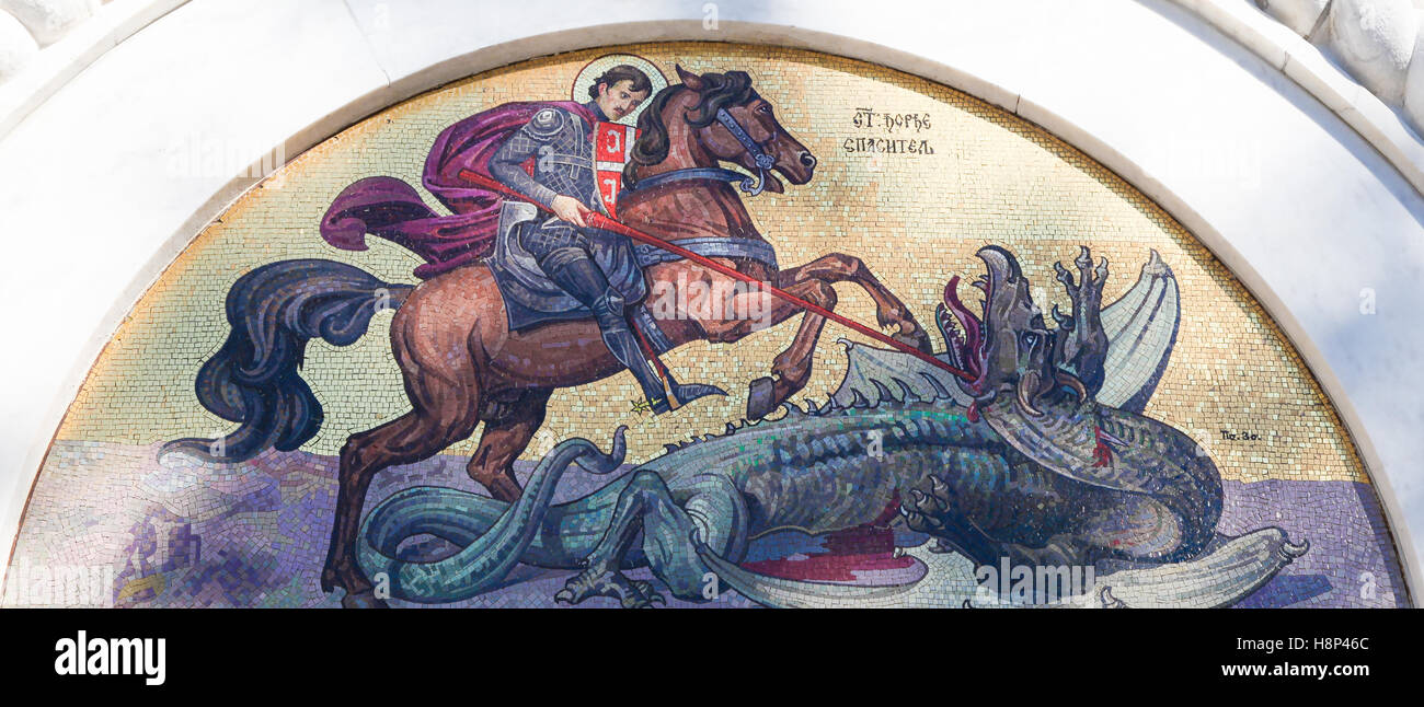 Mosaic of Saint George Slaying the Dragon on the facade of the Church ...